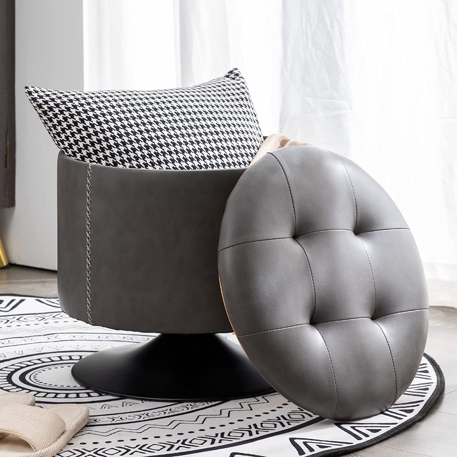 Round Storage Ottoman Swivel Foot Stool, Leather Tufted Pouf Foot Rest ...