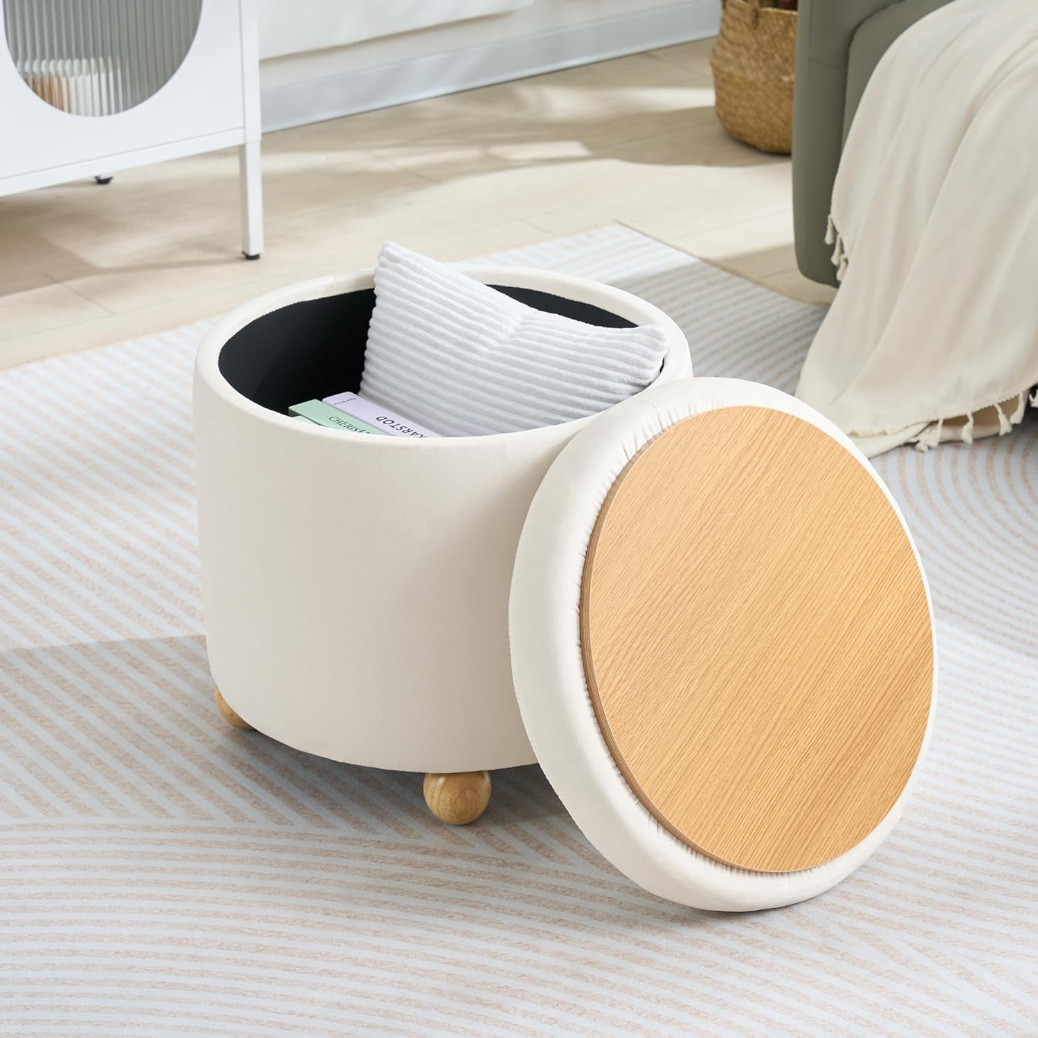 Round Storage Ottoman with Tray, Modern Tufted Fabric Foot Rest Ottoman ...