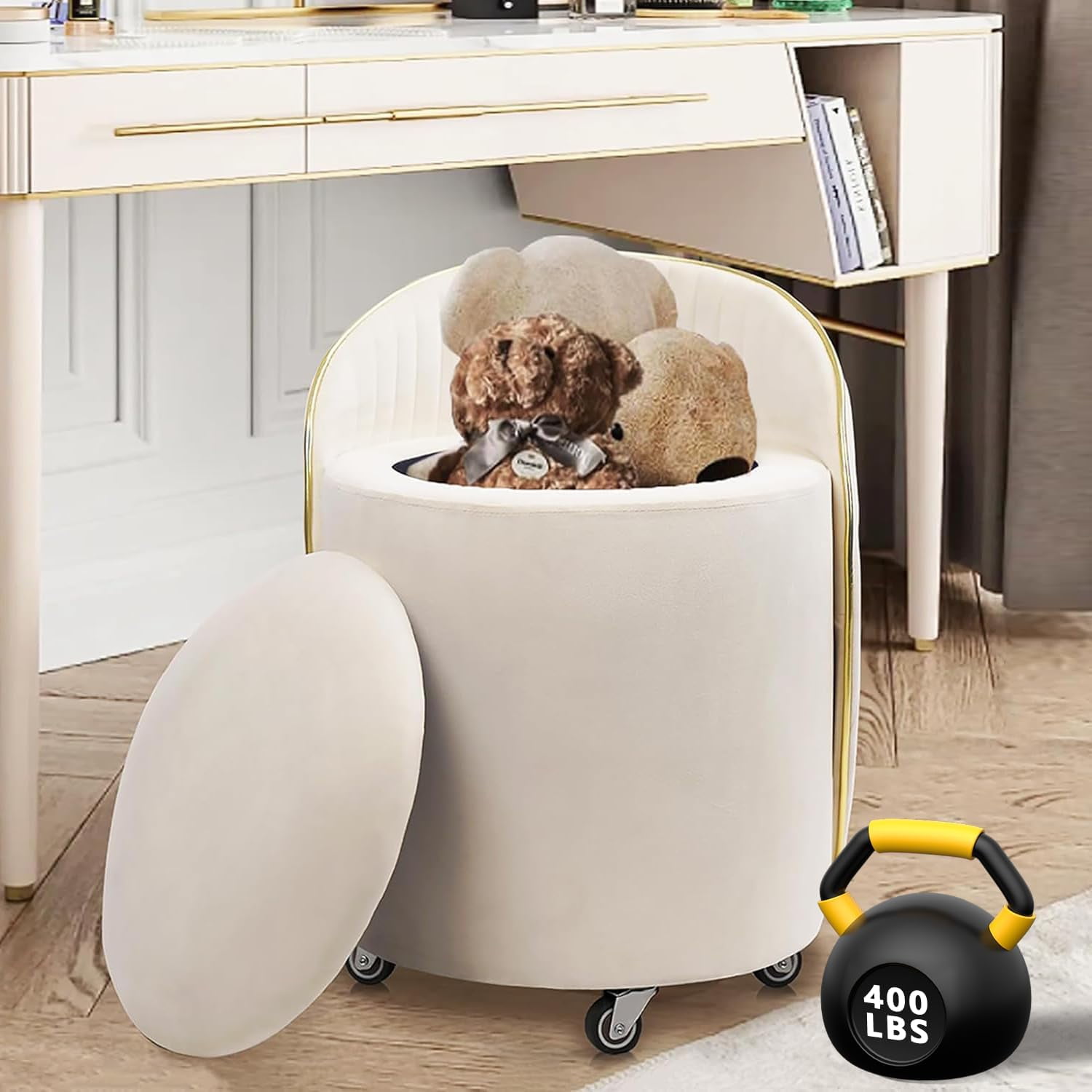 Round Storage Ottoman, Upholstered Velvet Vanity Stool with Lumbar ...