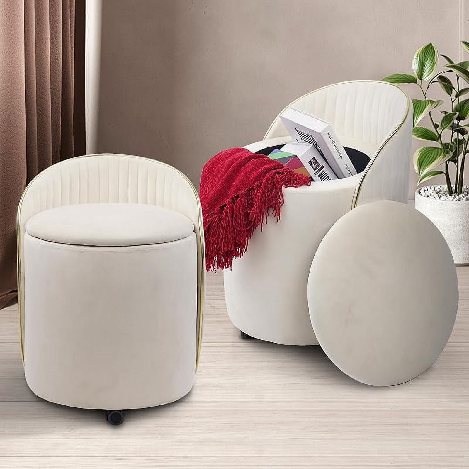 Round Storage Ottoman, Upholstered Velvet Vanity Stool with Lumbar ...