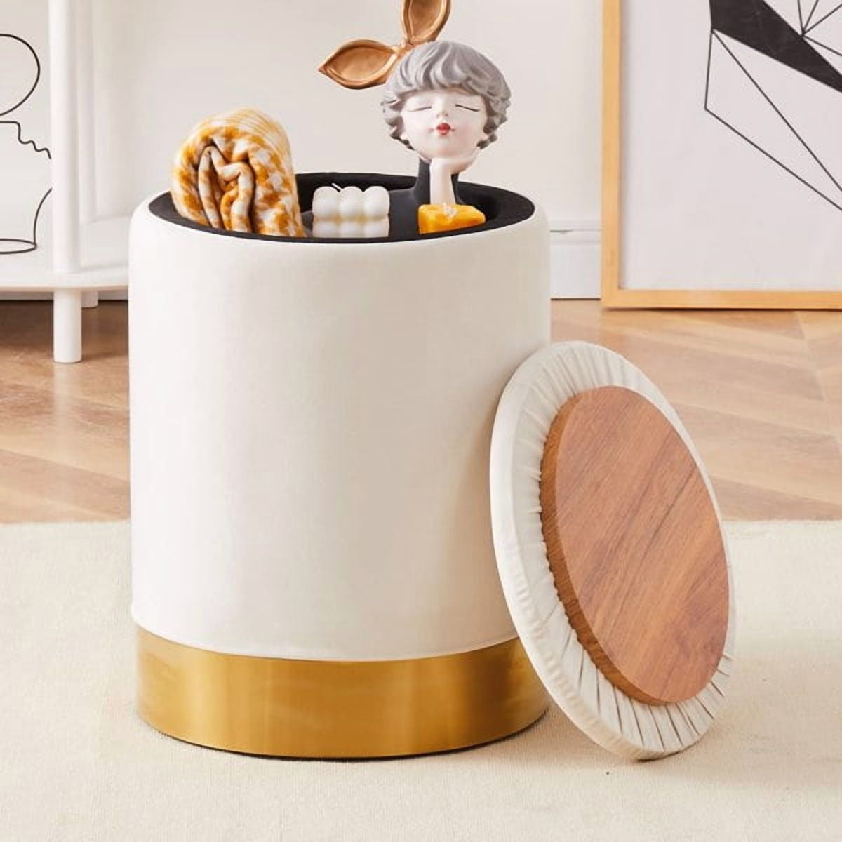 Round Storage Ottoman Velvet Upholstered Footrest Dressing Stool ...