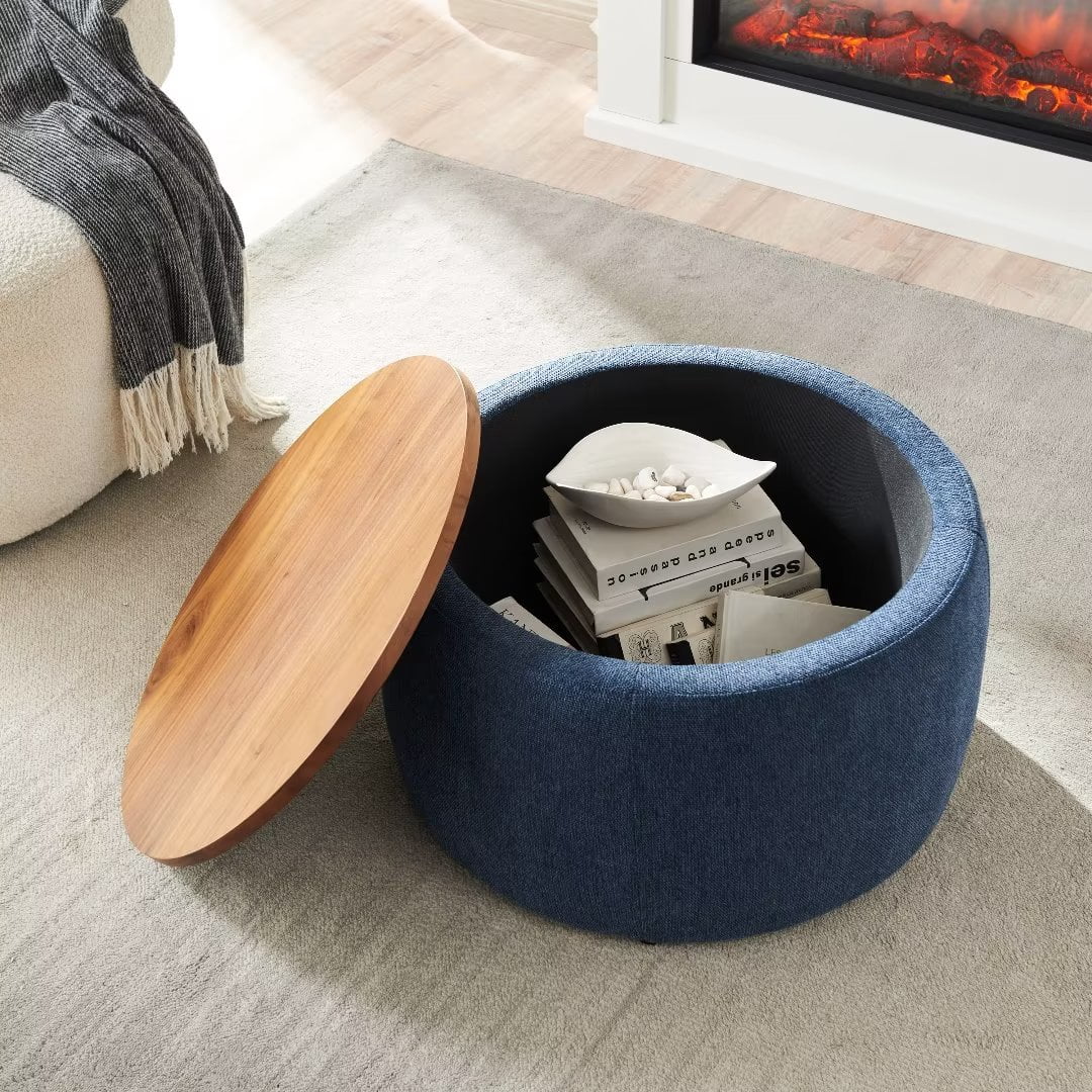 Round Storage Ottoman with Wooden Lid, 3 in 1 Function Ottoman Coffee ...