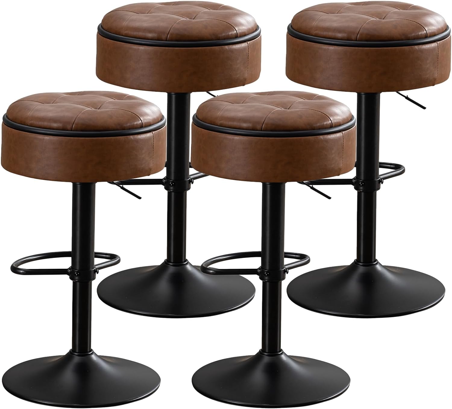 Round Storage Stool Chair Bar Stools set of 4, Black Faux Leather ...