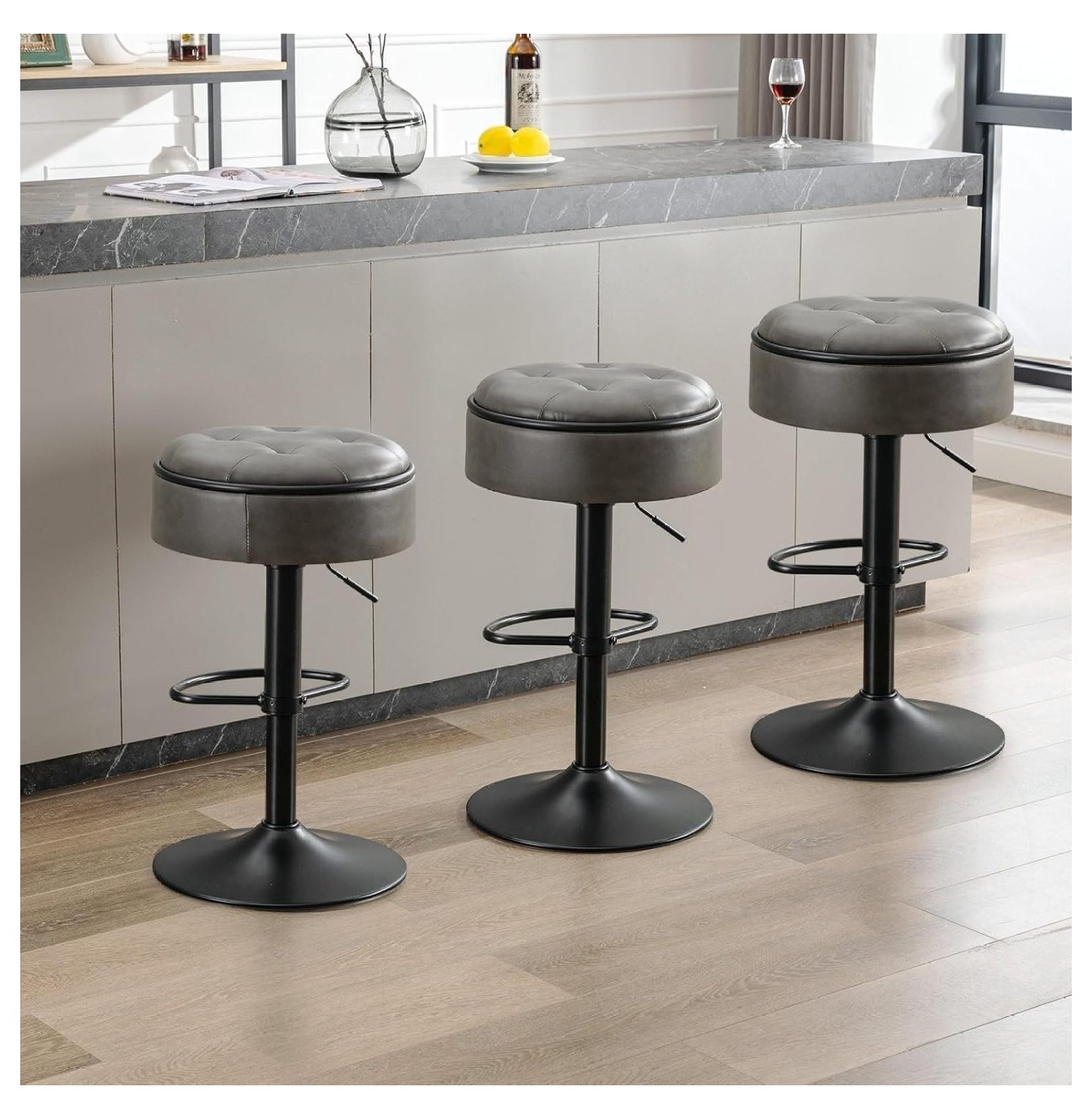 Round Storage Stool Chair Swivel Bar Stools Set of 3, Black Faux ...