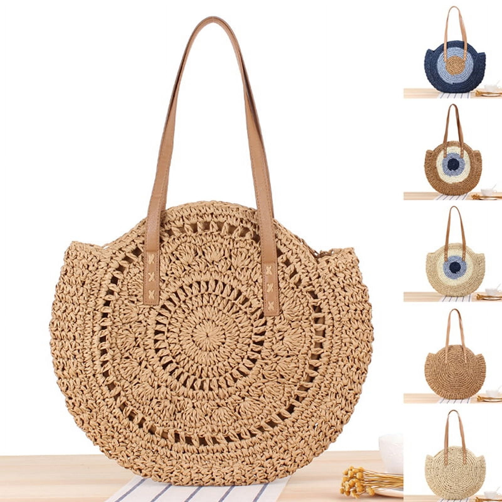 Round Straw Beach Bag Vintage Handmade Woven Shoulder Bag Classical ...