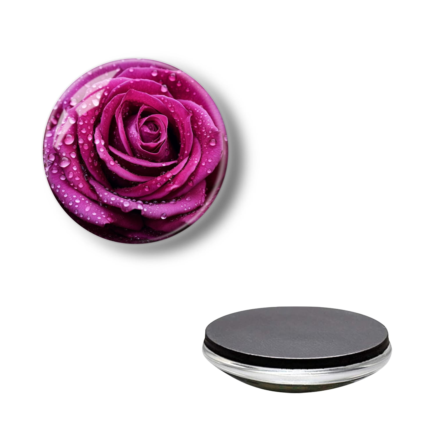 Round Strong Magnetic Glass Refrigerator Magnets, Rose with Drops of ...