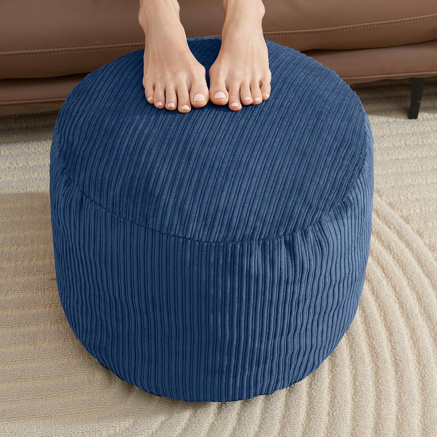 Round Stuffed Pouf Ottoman Chair with Foot Rest Navy Blue Poof Poofy ...