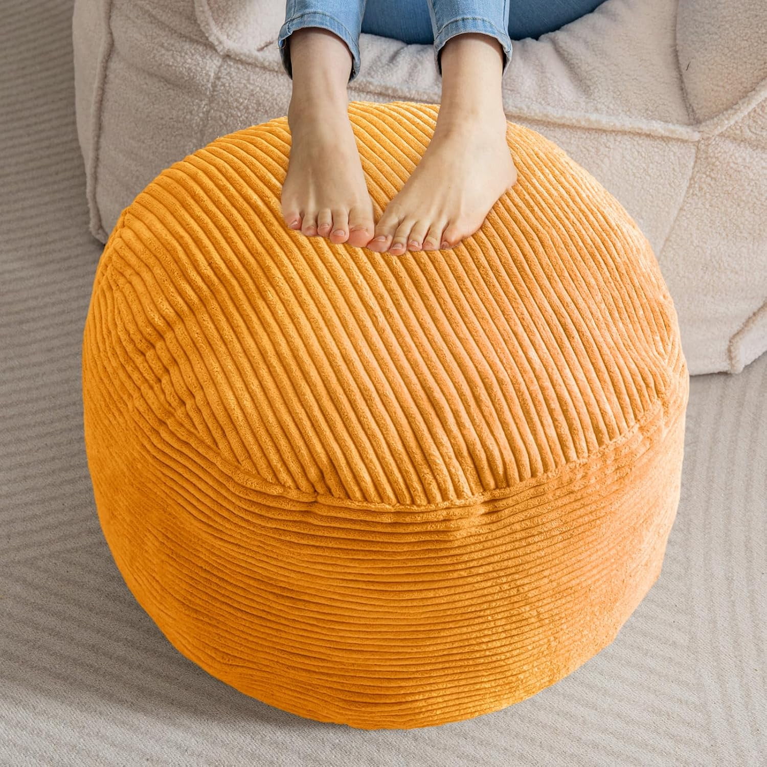 Round Stuffed Pouf Ottoman, Corduroy Poufs with Foam Chunk Filling ...