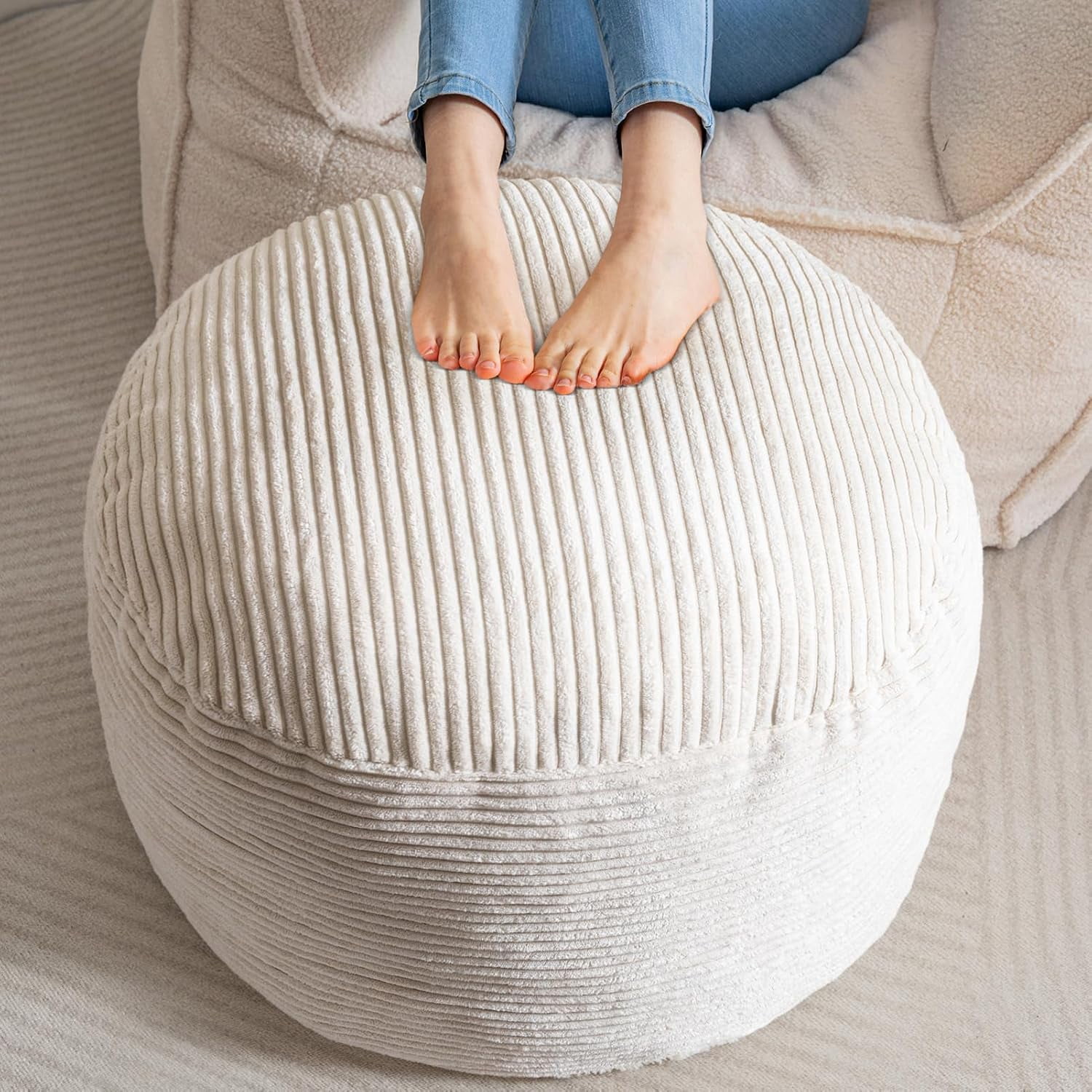 Round Stuffed Pouf Ottoman, Corduroy Poufs with Foam Chunk Filling ...
