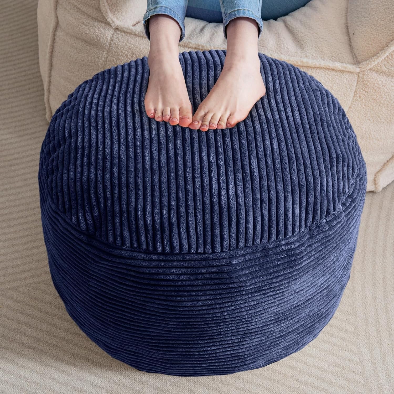 Round Stuffed Pouf Ottoman, Corduroy Poufs with Foam Chunk Filling ...