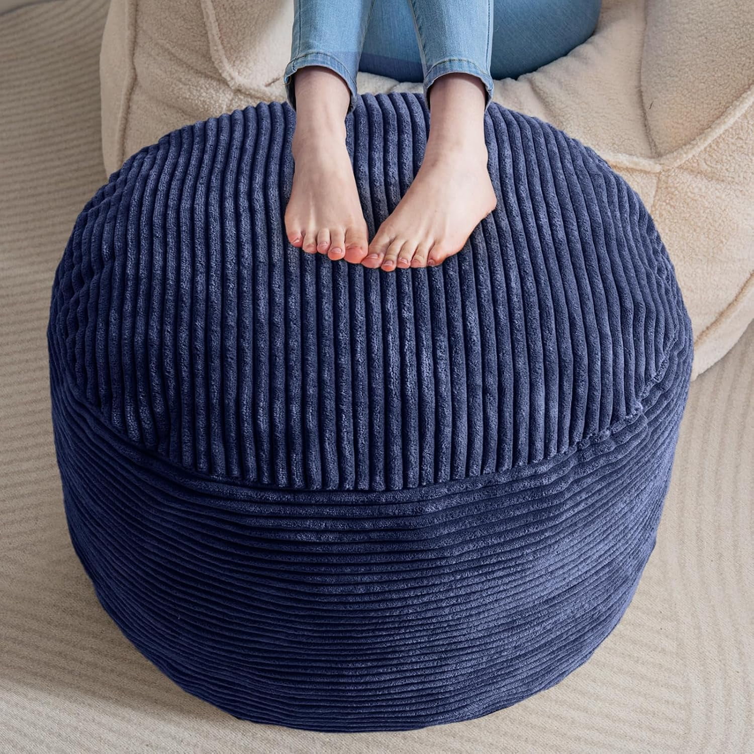Round Stuffed Pouf Ottoman, Corduroy Poufs with Foam Chunk Filling ...