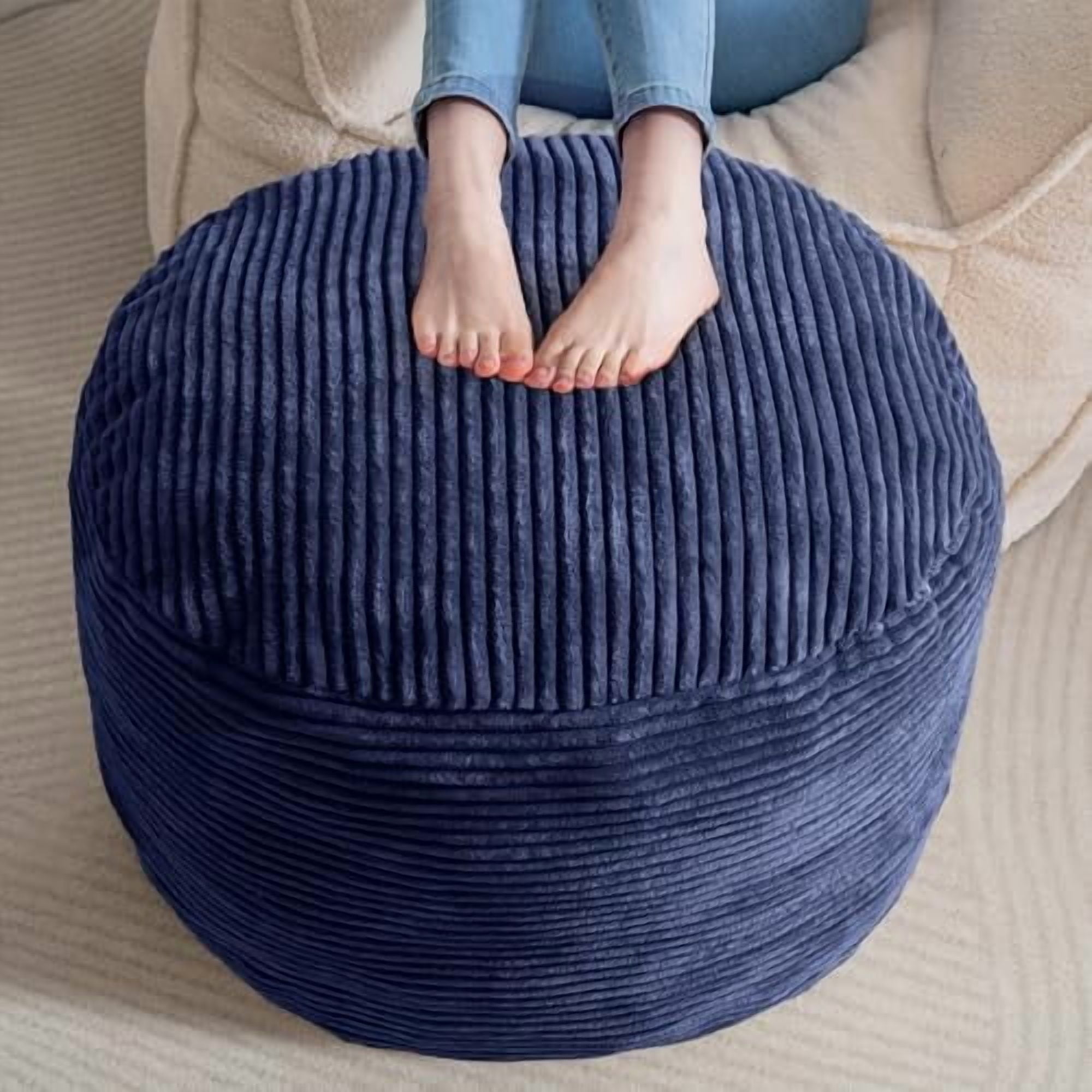 Round Stuffed Pouf Ottoman, Corduroy Poufs with Foam Chunk Filling ...