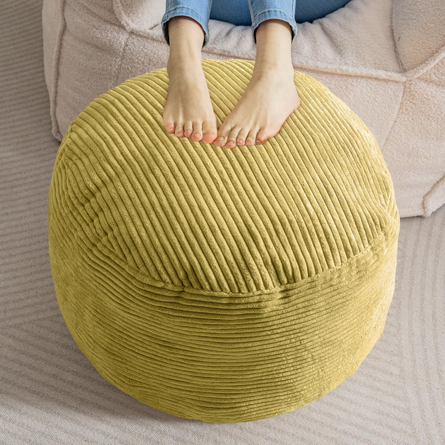 Round Stuffed Pouf Ottoman, Corduroy Poufs with Foam Chunk Filling ...