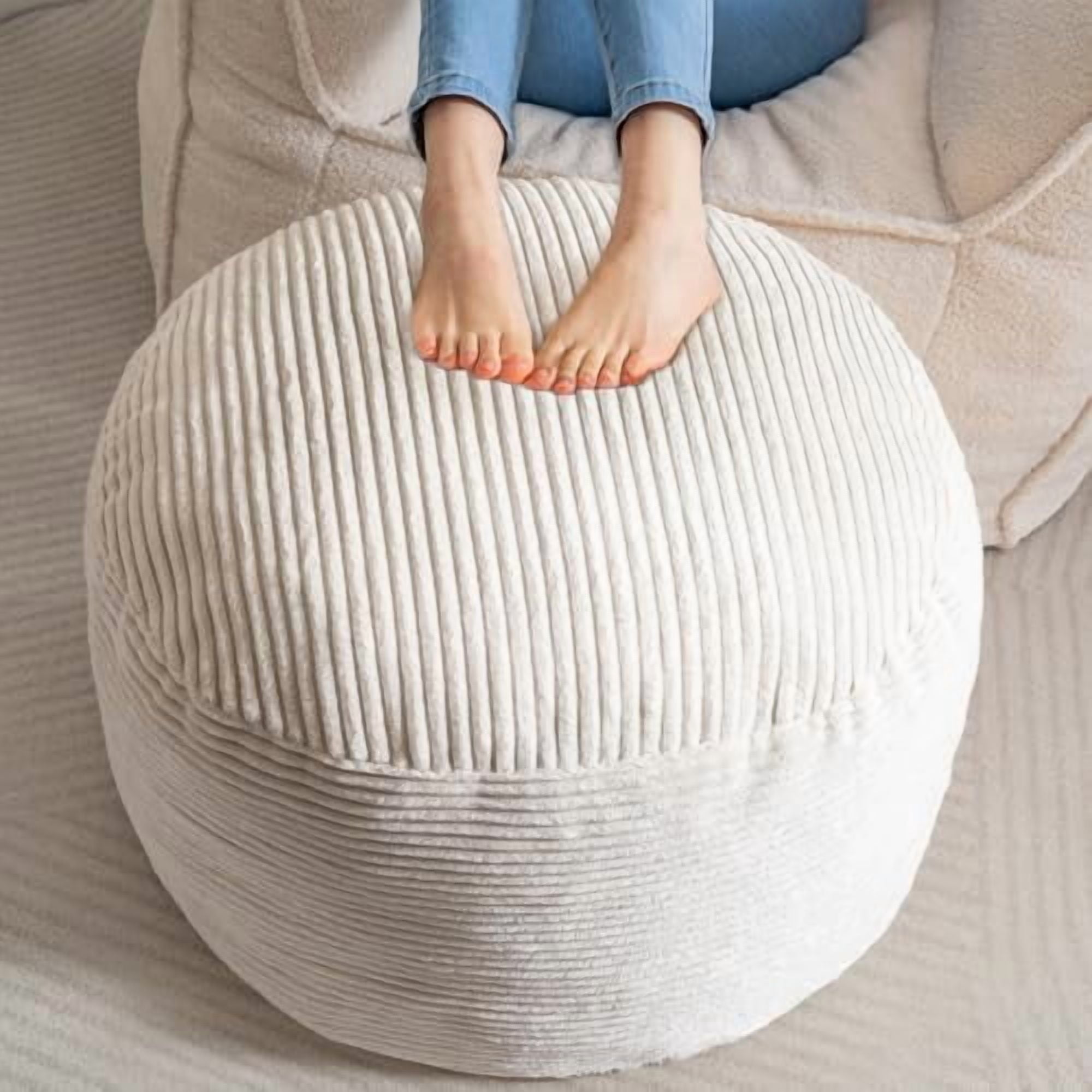 Round Stuffed Pouf Ottoman, Corduroy Poufs with Foam Chunk Filling ...