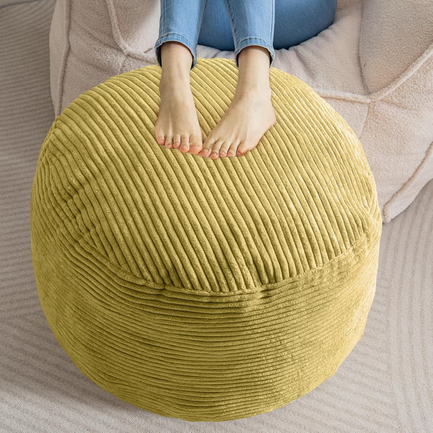 Round Stuffed Pouf Ottoman, Corduroy Poufs with Foam Chunk Filling ...