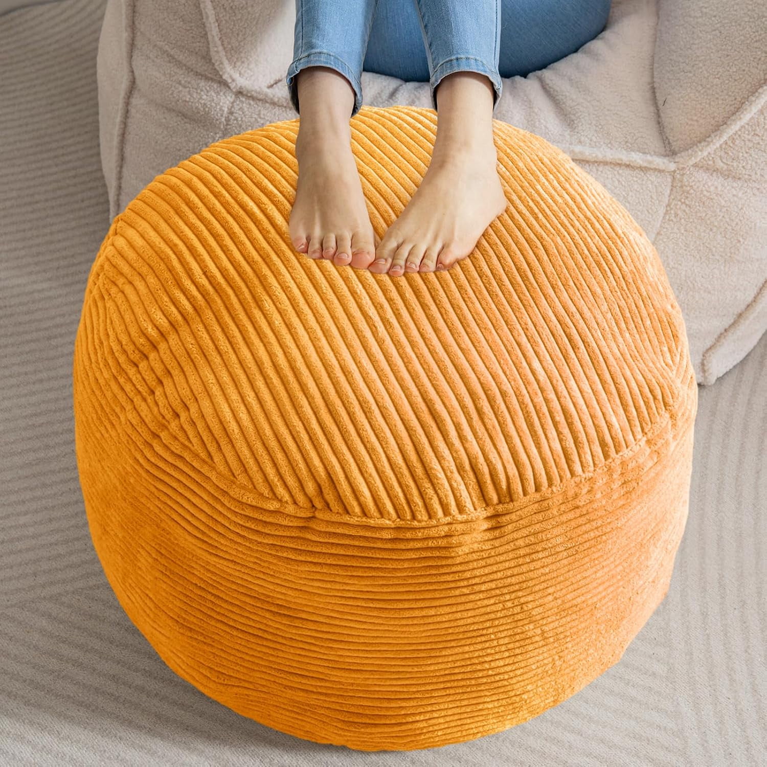 Round Stuffed Pouf Ottoman, Corduroy Poufs with Foam Chunk Filling ...