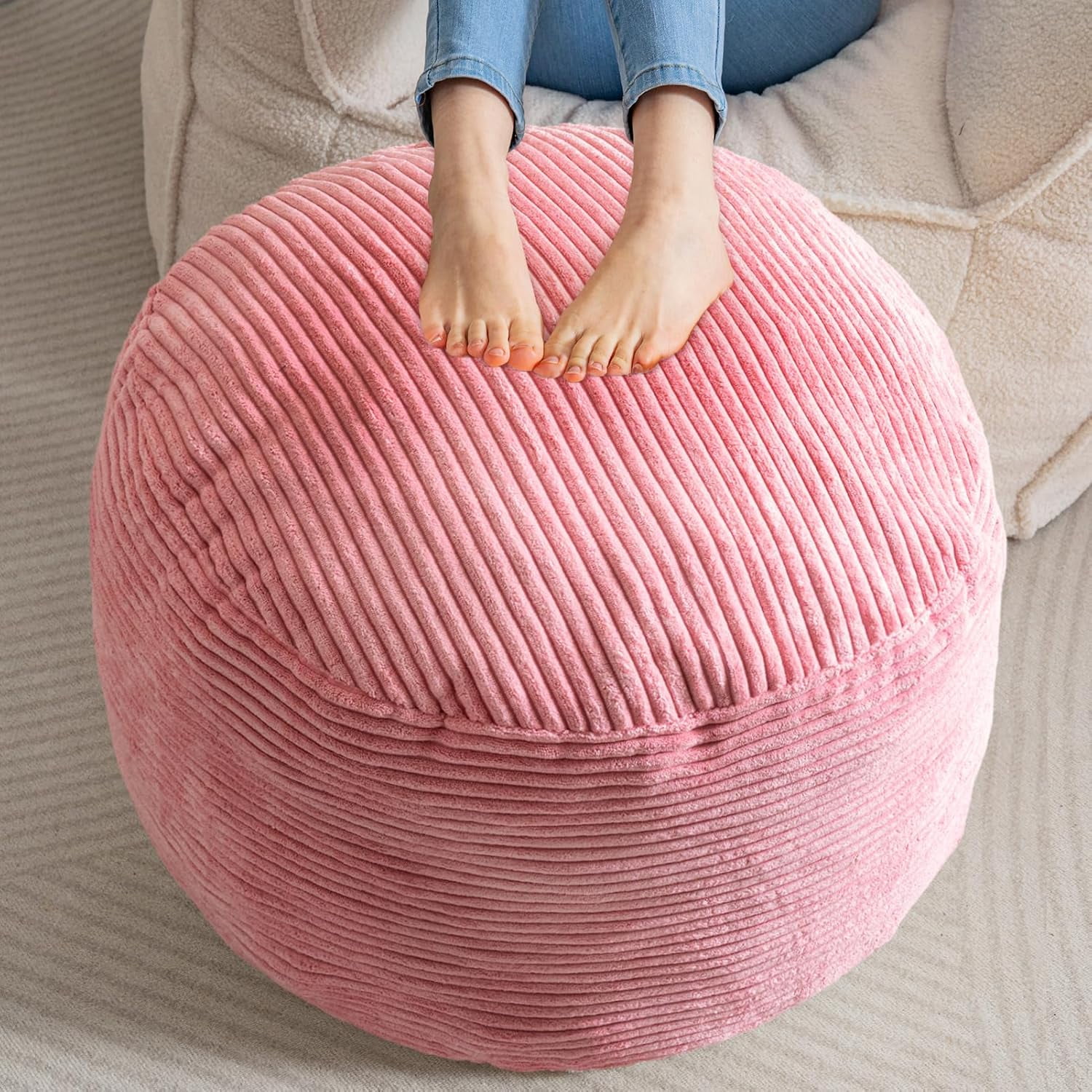 Round Stuffed Pouf Ottoman, Corduroy Poufs with Foam Chunk Filling ...
