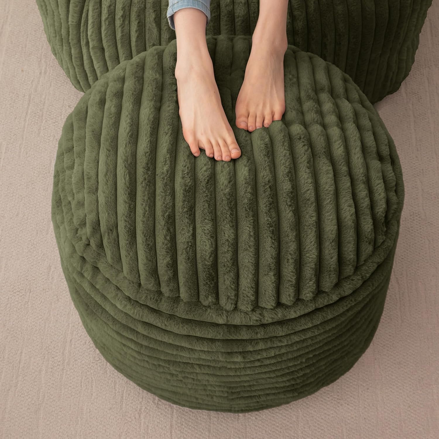 Round Stuffed Pouf Ottoman, Corduroy Poufs with High-Density Foam ...