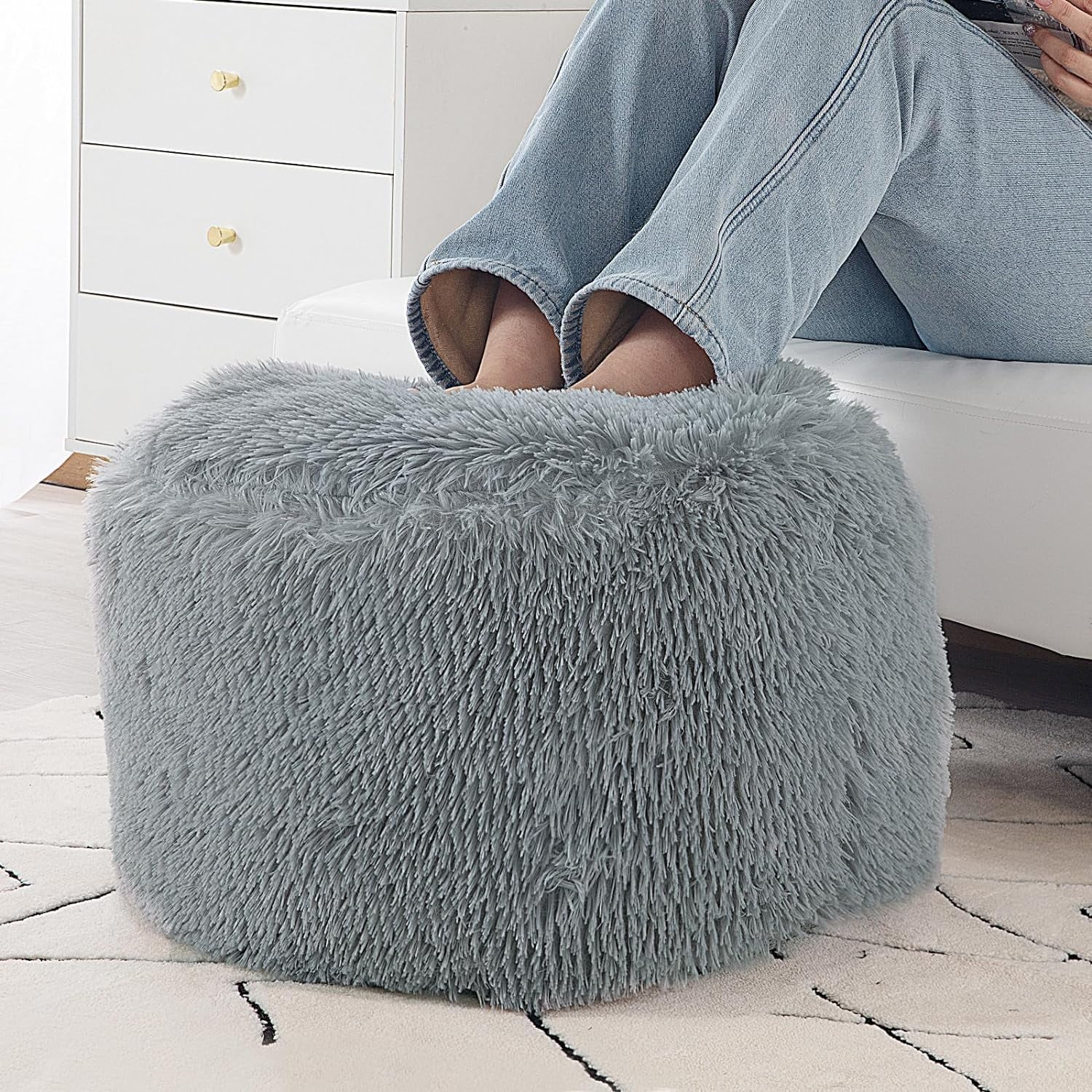 Round Stuffed Pouf Ottoman,Fluffy and Furry Pouf Foot Stool Storage ...