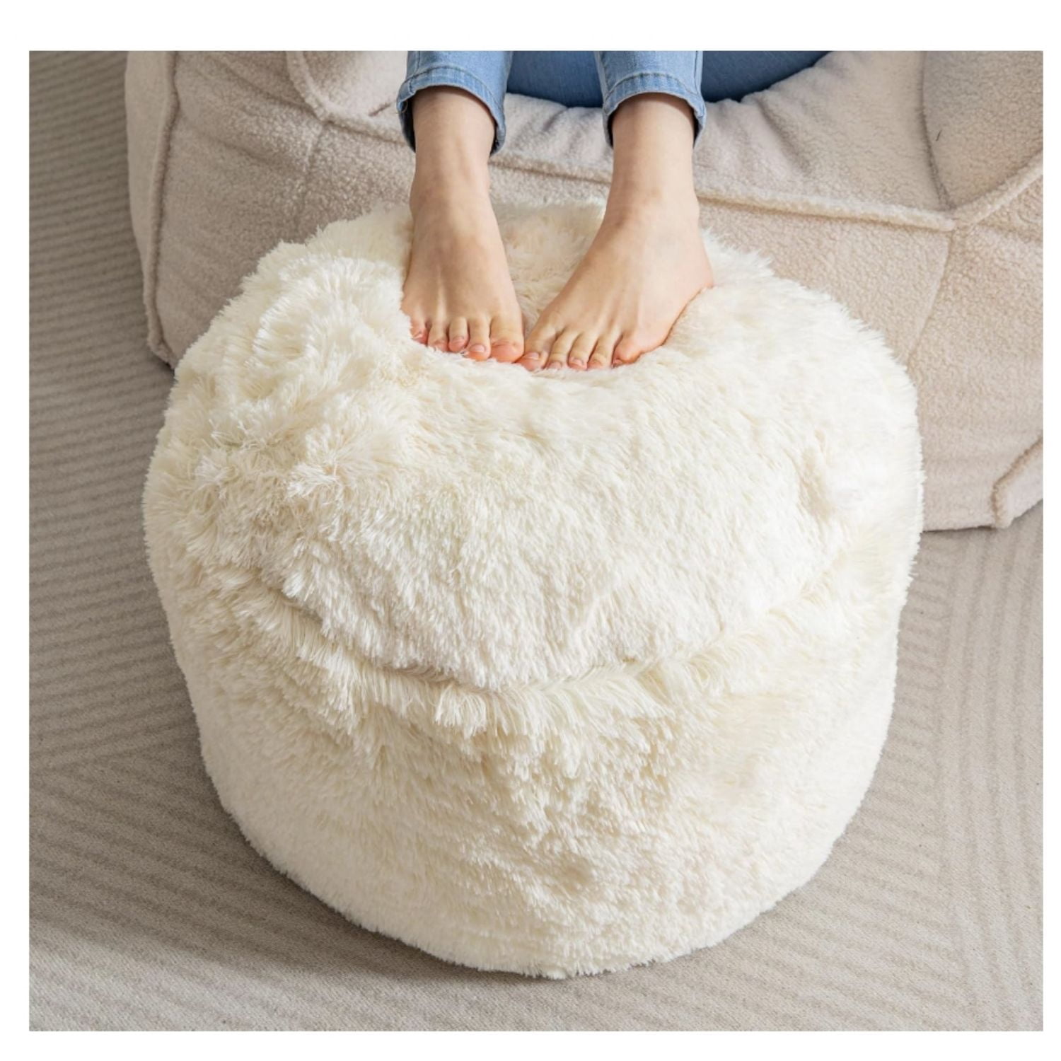 Round Stuffed Pouf Ottoman, Long Faux Fur Poufs with Foam Chunk Filling ...