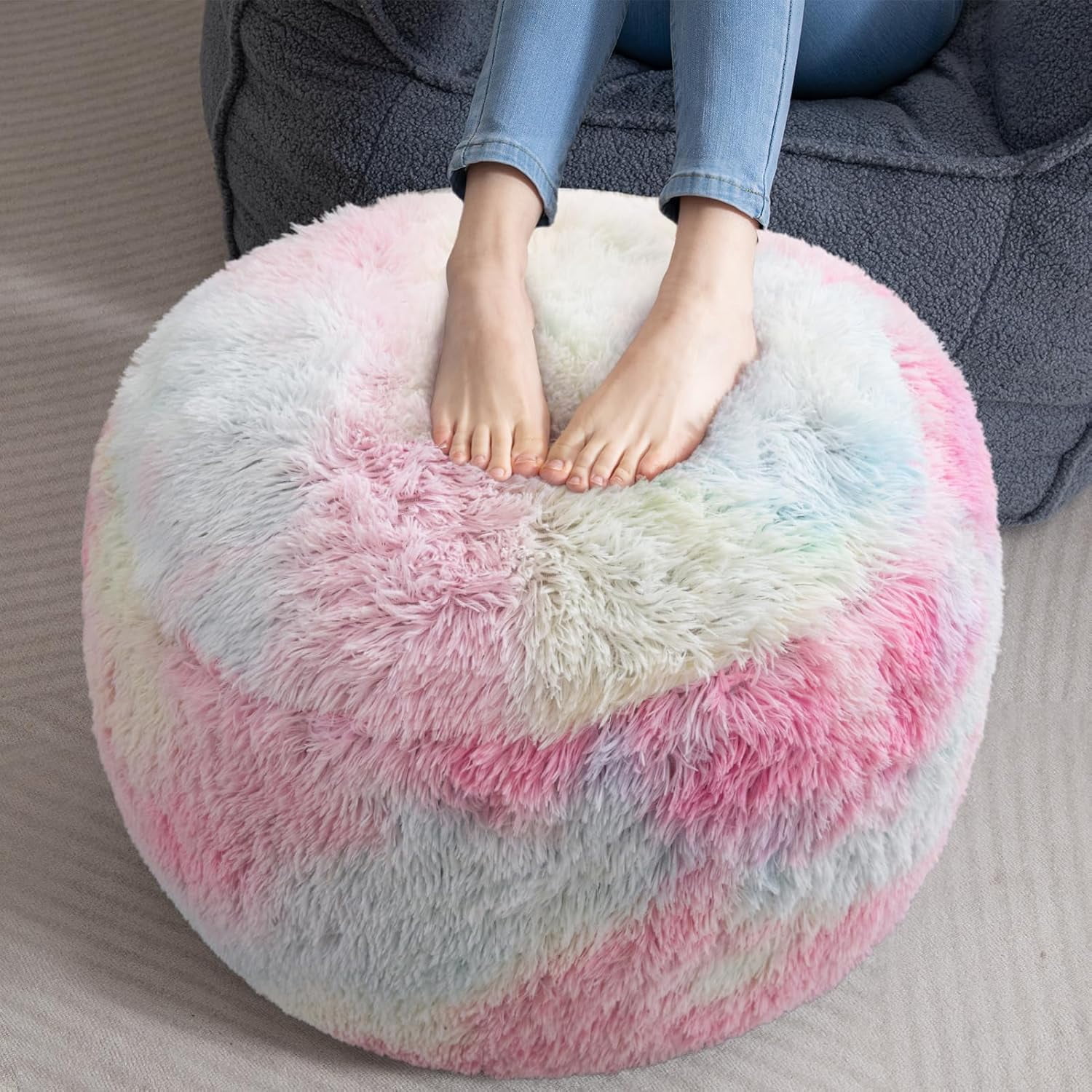 Round Stuffed Pouf Ottoman, Long Faux Fur Poufs with Foam Chunk Filling ...
