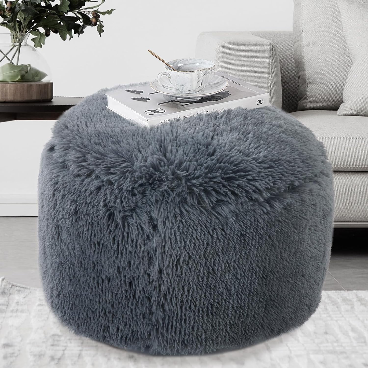 Round Stuffed Pouf Ottoman, Long Plush Faux Fur Pouf with Supportive ...