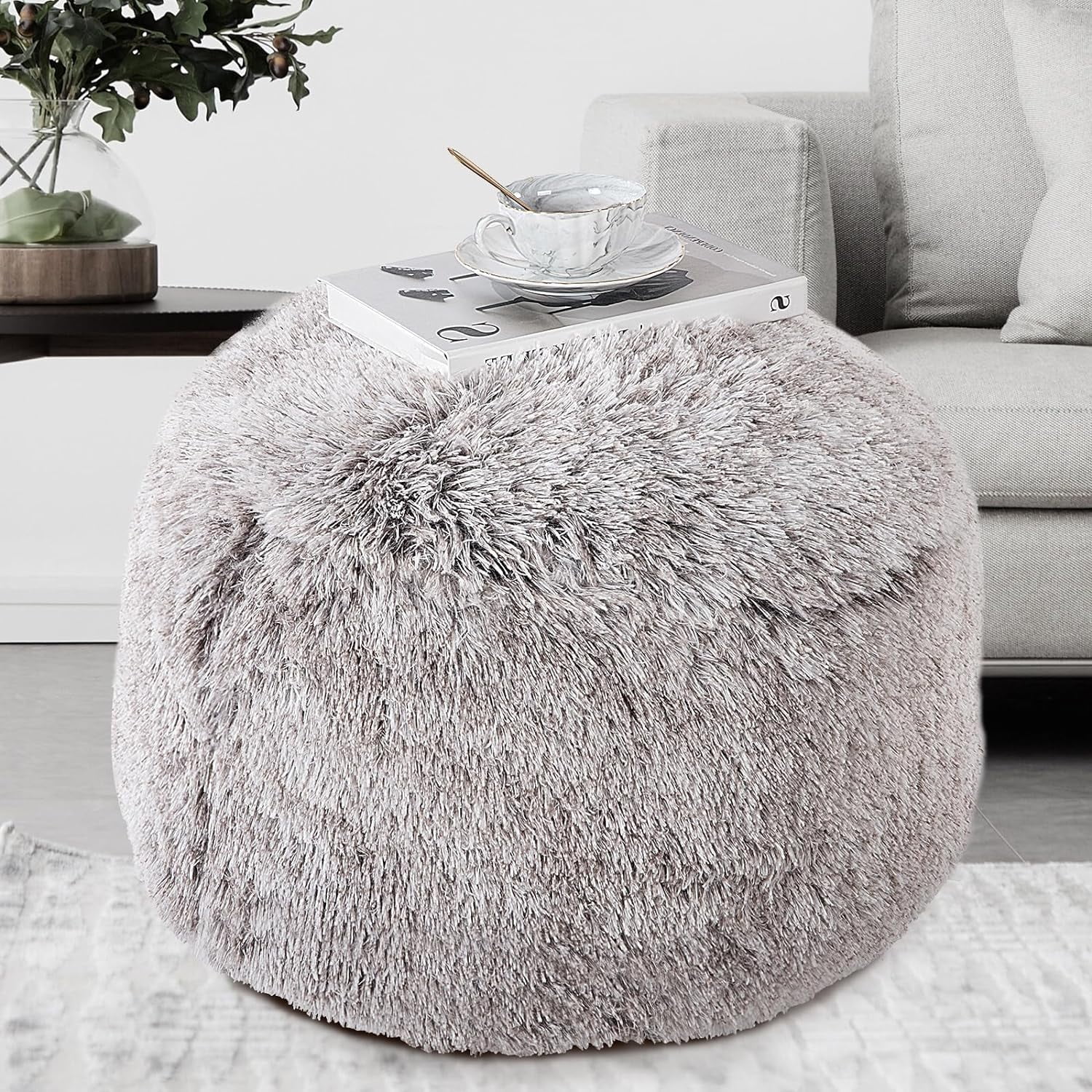 Round Stuffed Pouf Ottoman, Long Plush Faux Fur Pouf with Supportive ...
