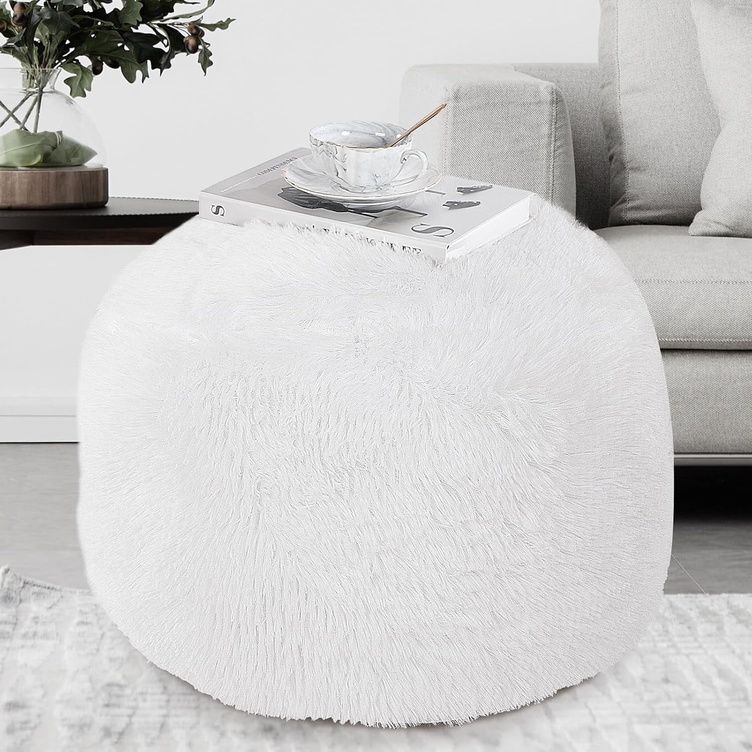 Round Stuffed Pouf Ottoman, Long Plush Faux Fur Pouf with Supportive ...