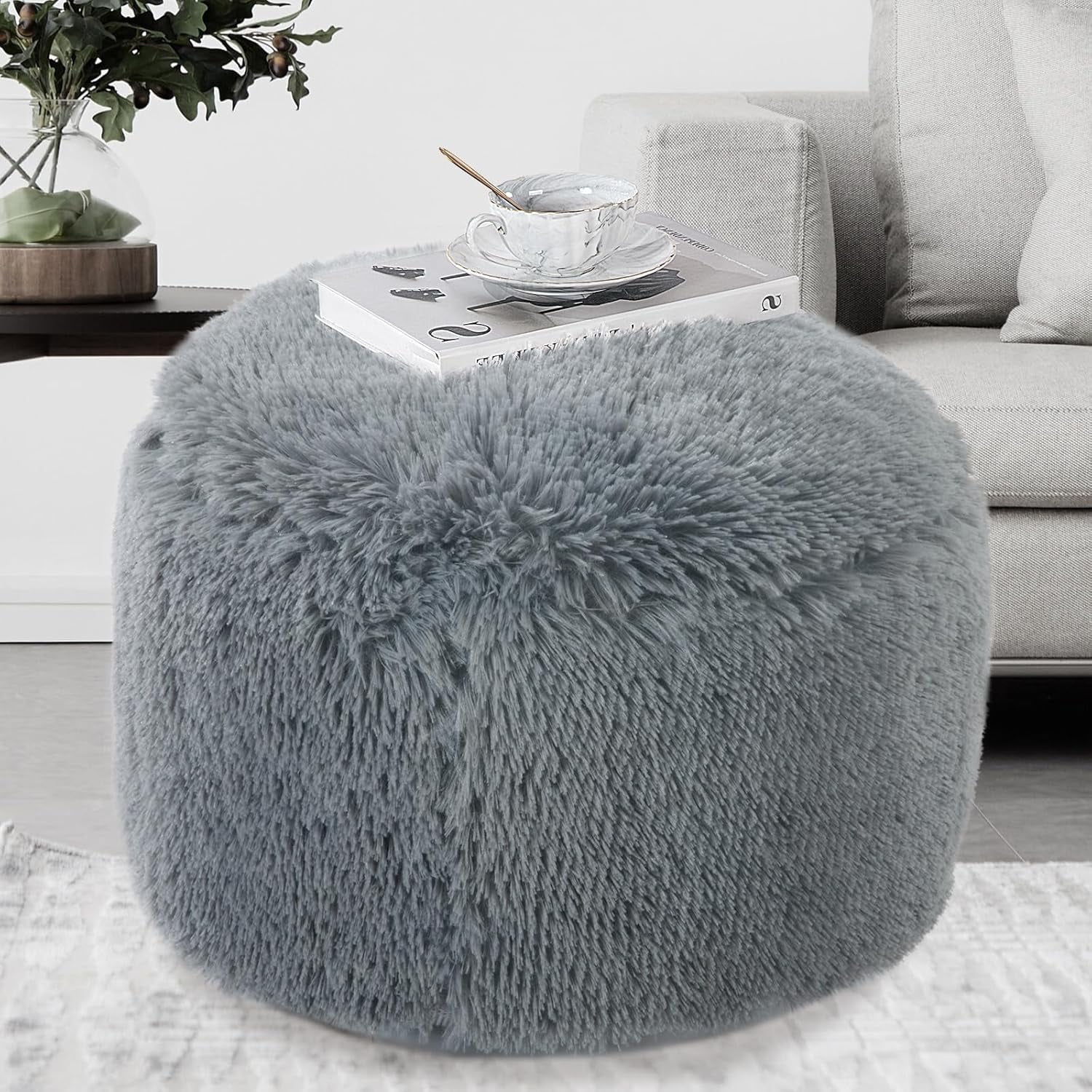 Round Stuffed Pouf Ottoman, Long Plush Faux Fur Pouf with Supportive ...