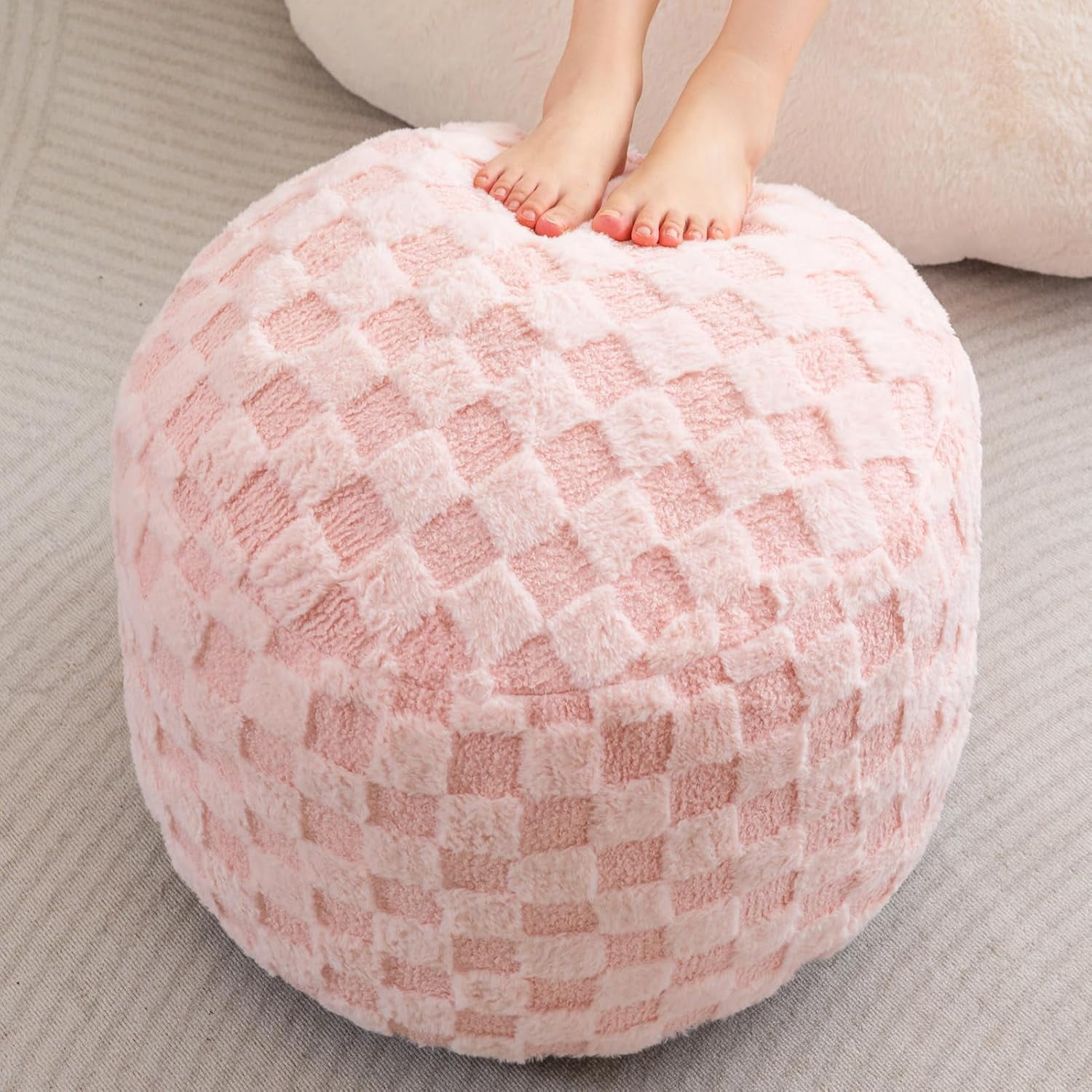 Round Stuffed Pouf Ottoman, Plaid Poufs with Foam Chunk Filling, Fluffy ...