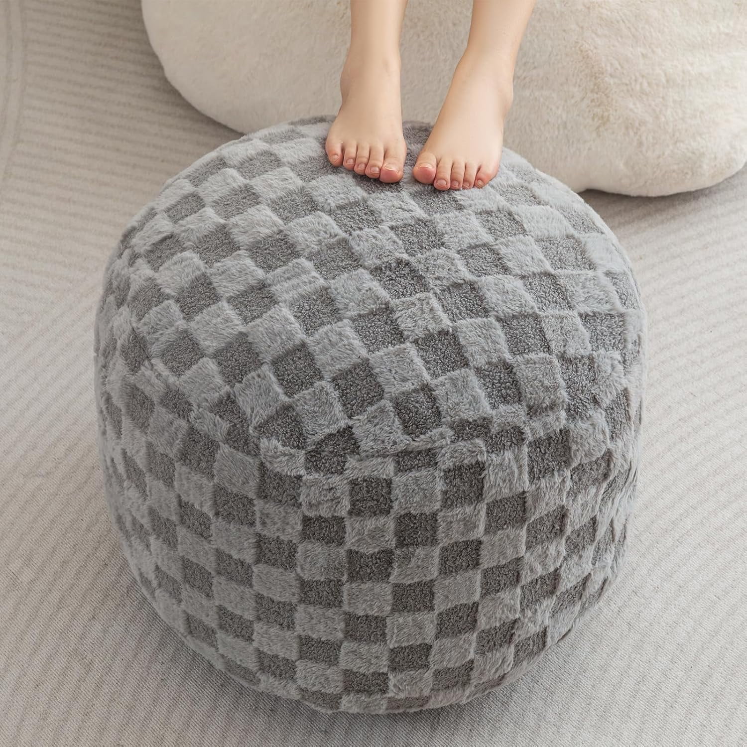 Round Stuffed Pouf Ottoman, Plaid Poufs with Foam Chunk Filling, Fluffy ...