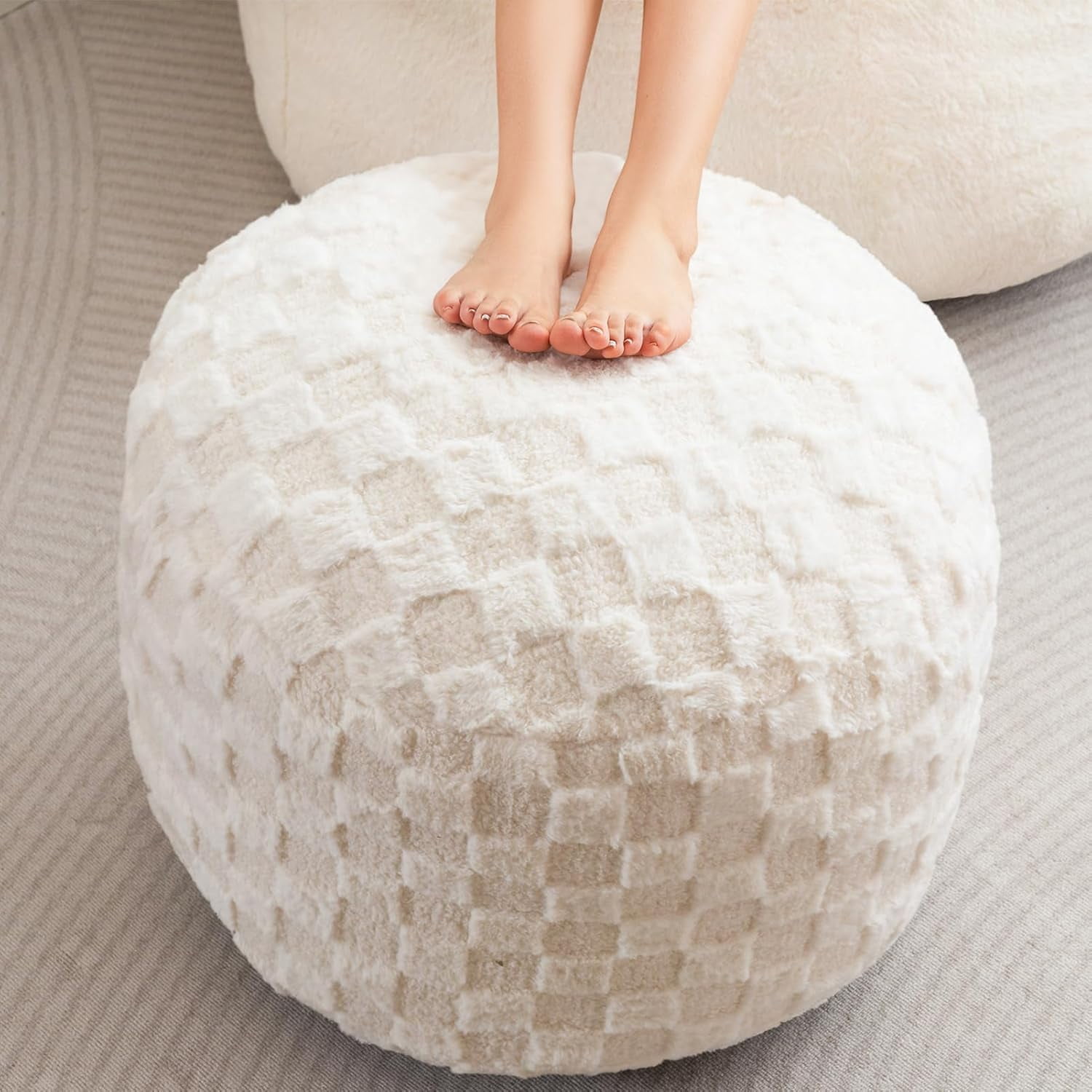 Round Stuffed Pouf Ottoman, Plaid Poufs with Foam Chunk Filling, Fluffy ...