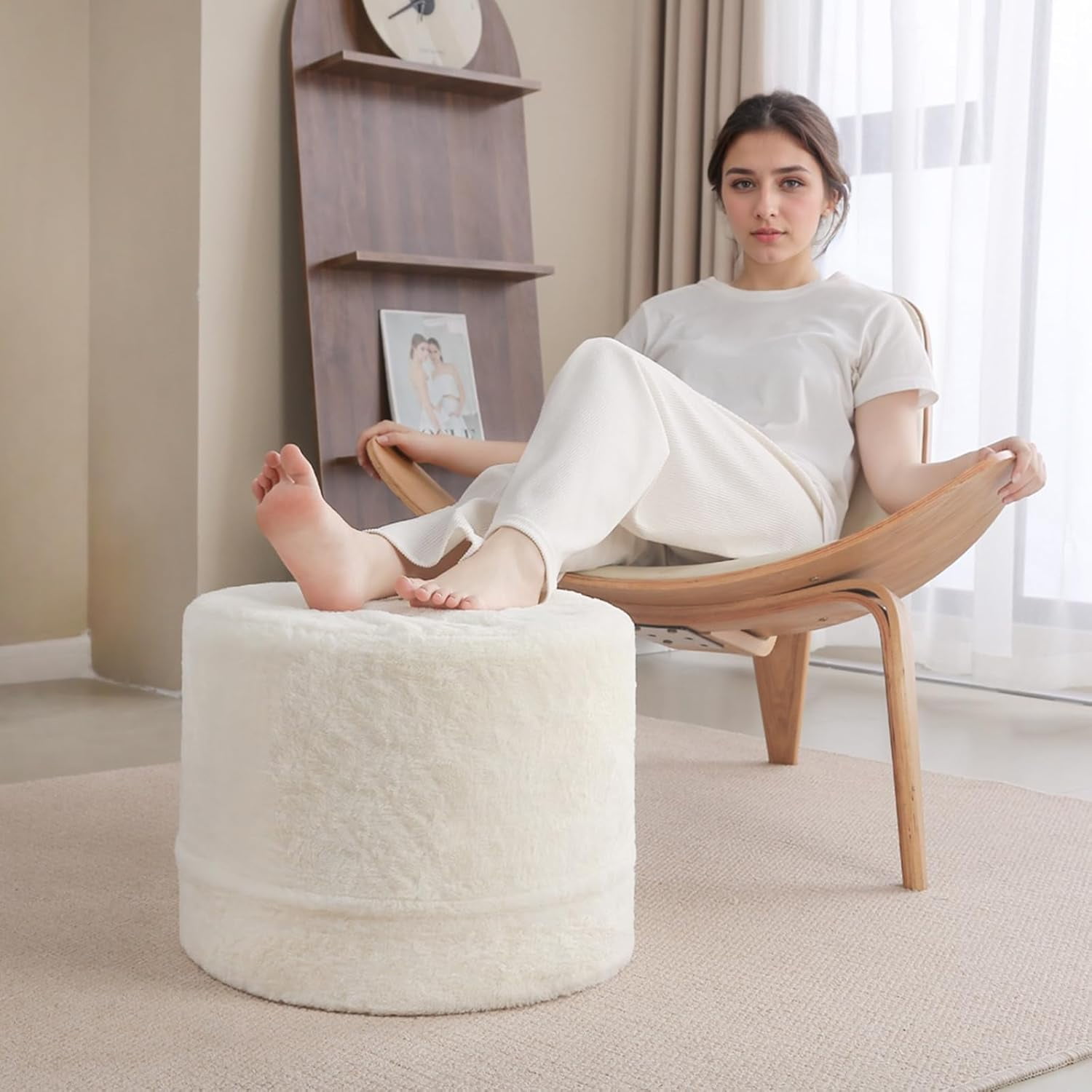 Round Stuffed Pouf Ottoman, Plush Poufs with Foam Chunk Filling, Living ...
