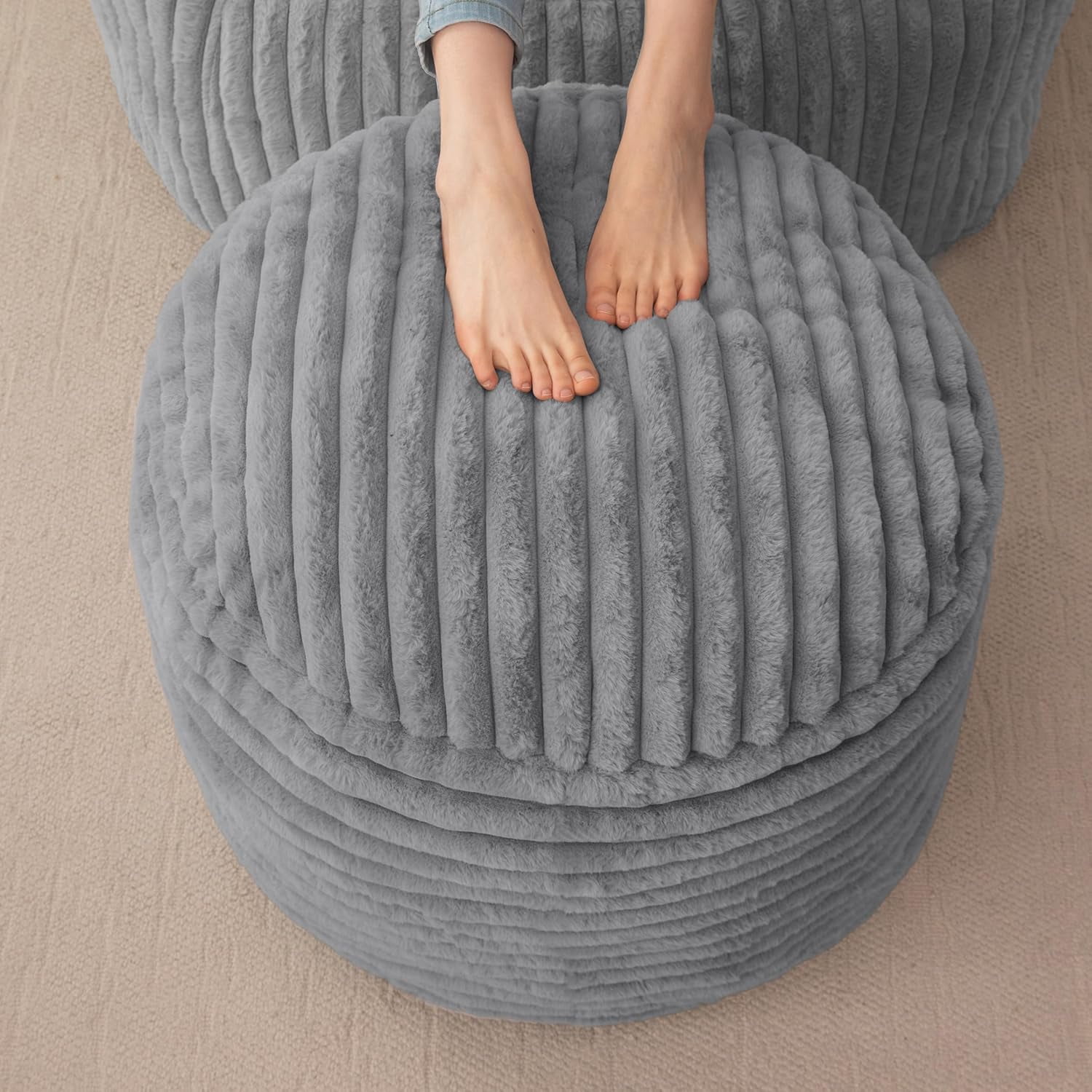 Round Stuffed Pouf Ottoman, Stripe Faux Fur Poufs with Foam Chunk ...