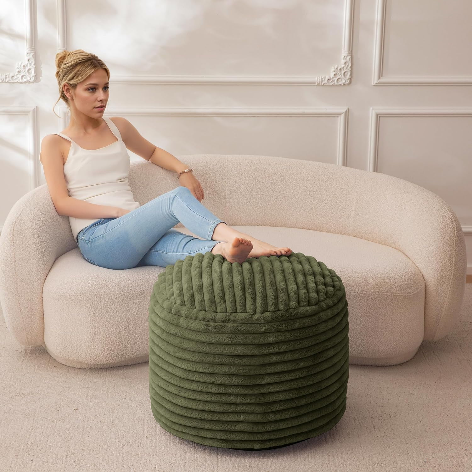 Round Stuffed Pouf Ottoman, Stripe Faux Fur Poufs with Foam Chunk ...