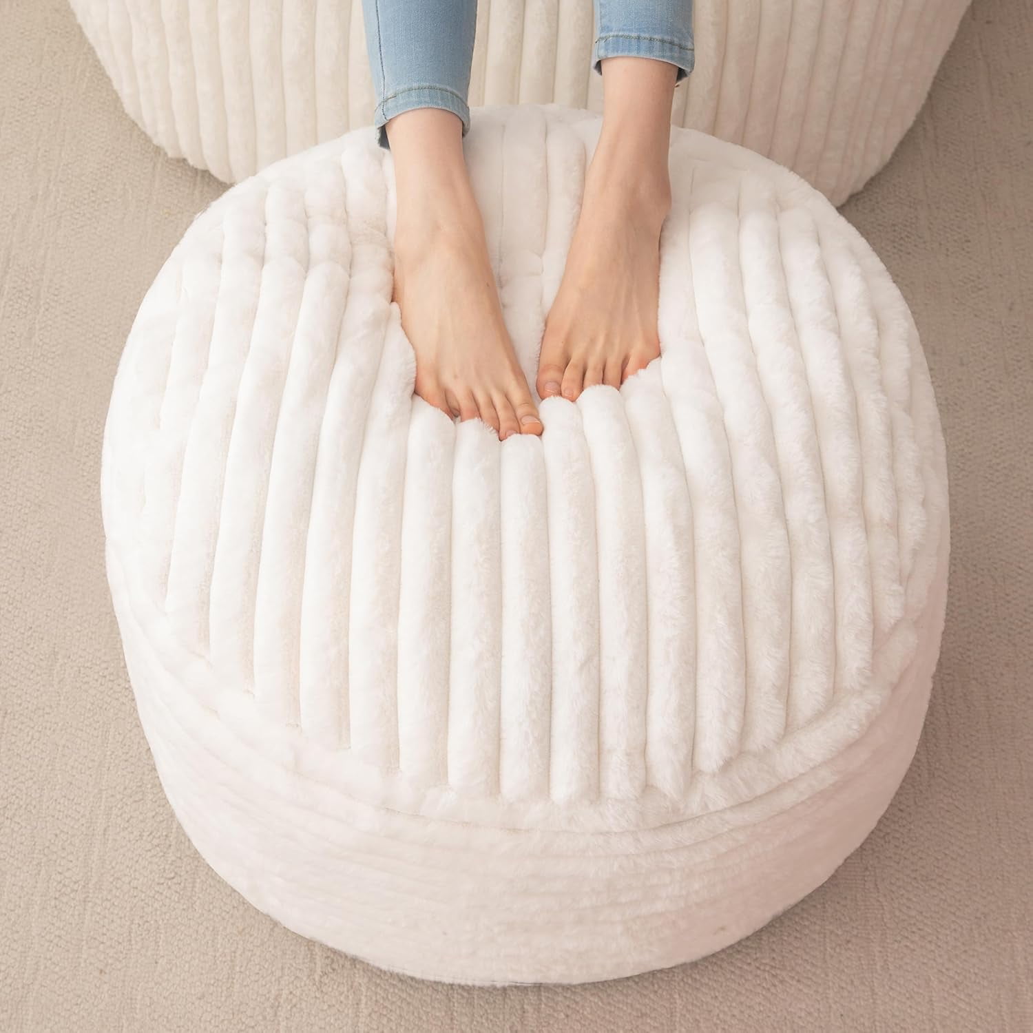 Round Stuffed Pouf Ottoman, Stripe Faux Fur Poufs with Foam Chunk ...