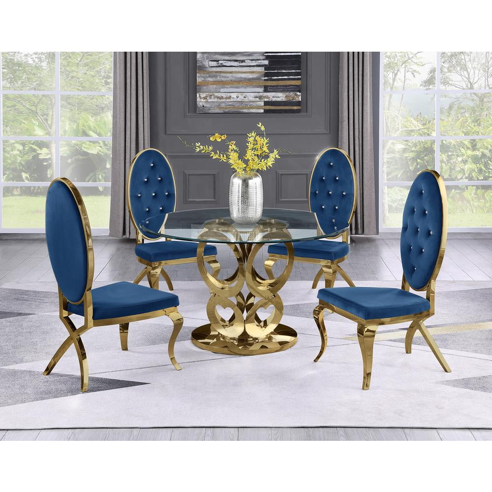 Round Style 5pc Glass Gold Dining Set Tufted Faux Crystal Chairs in ...
