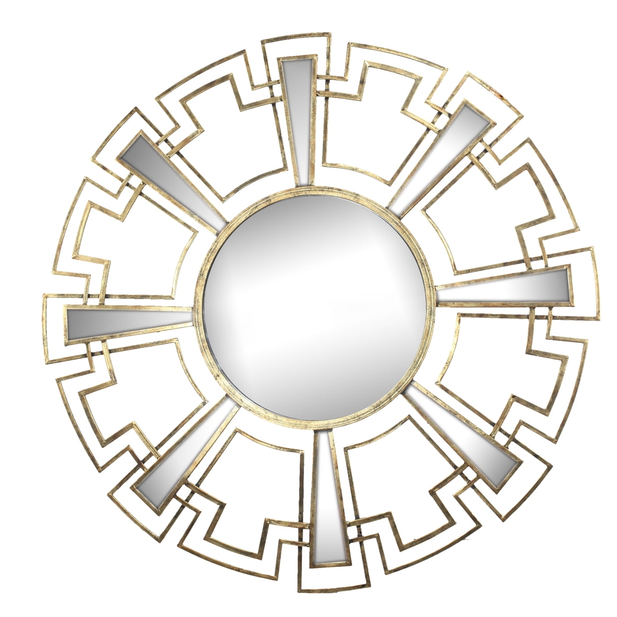 Round Sunburst Wall Mirror with Geometric Design Metal Frame, Gold ...