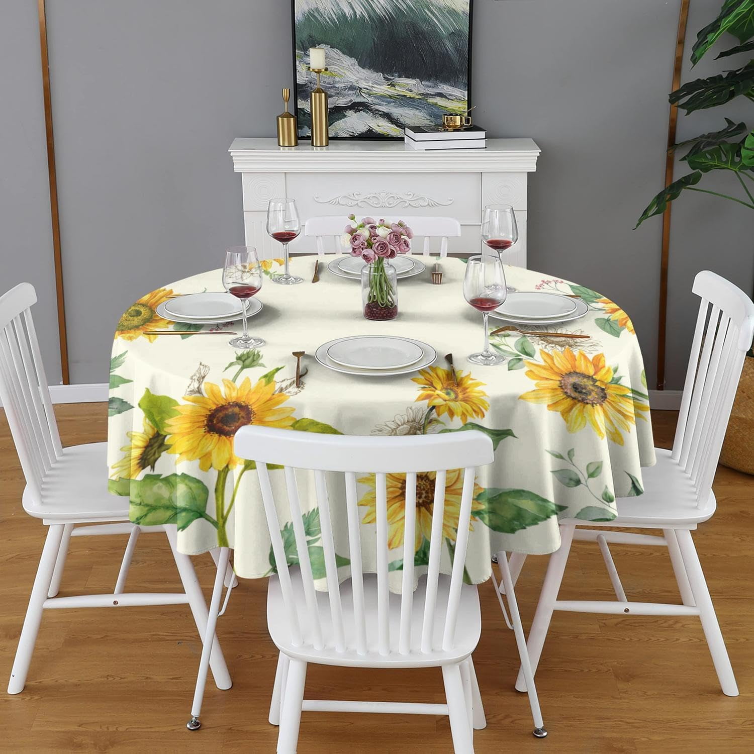 Round Sunflower Tablecloth 60x60 inch, Waterproof Wrinkle Resistant ...