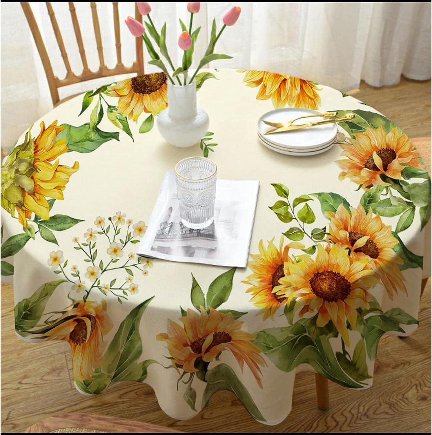 Round Sunflower Tablecloth 60x60inch Waterproof Floral Tablecloths, Rustic Flower Tablecloth ...