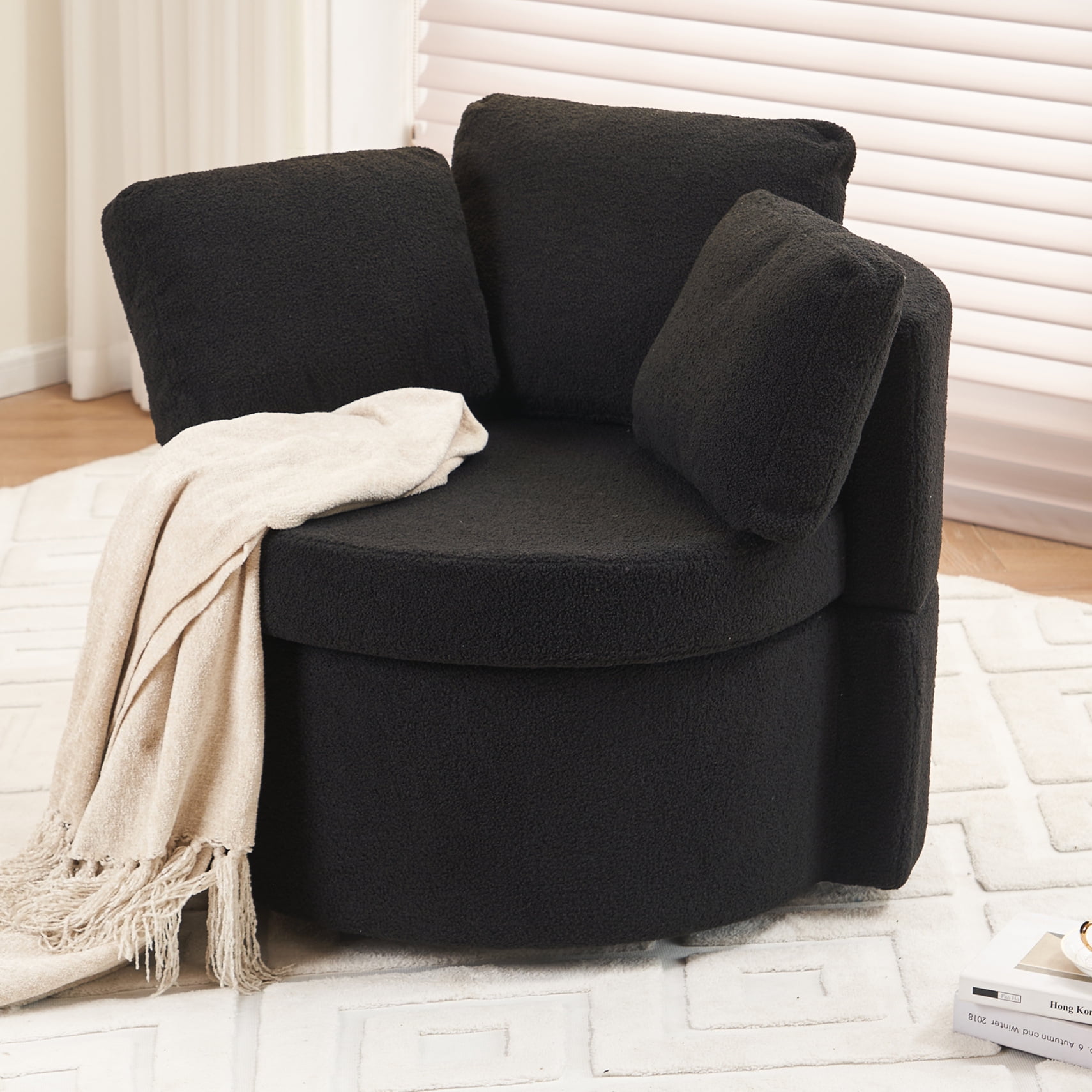 Round Swivel Chair with Storage Under Seat, Upholstered Accent Barrel ...