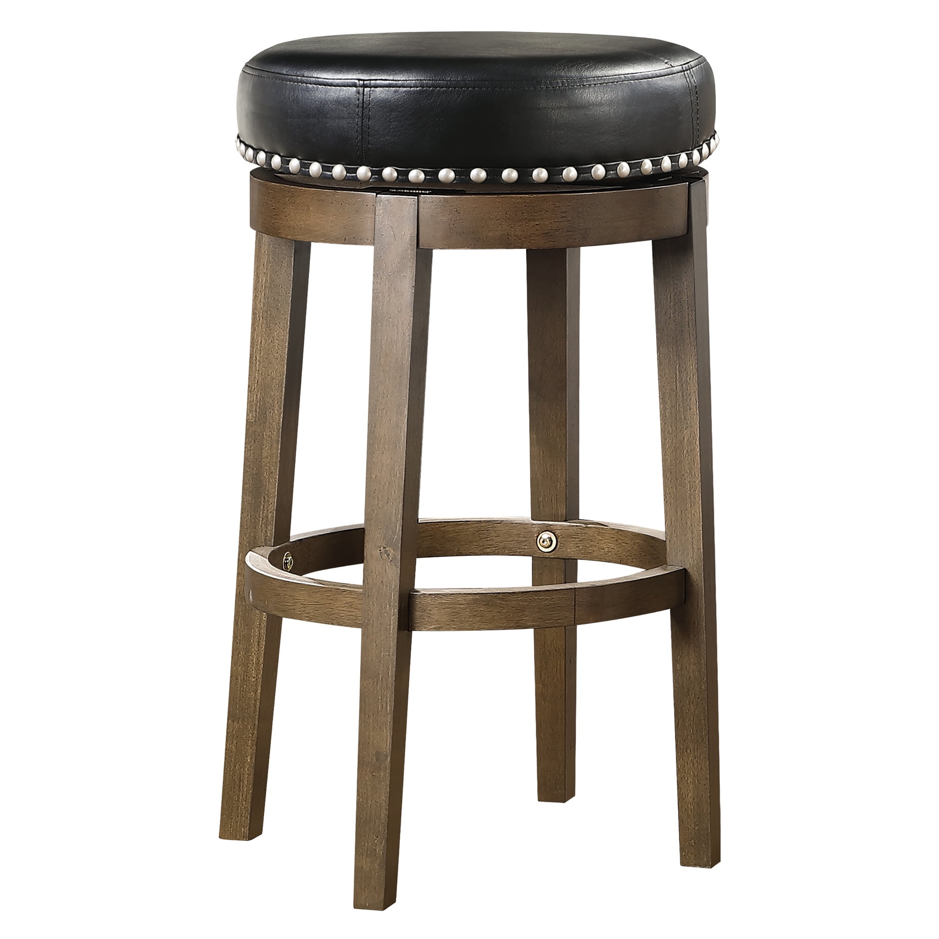 Round Swivel Seating Set (2 Stools) / Black Faux Leather, Solid Wood ...