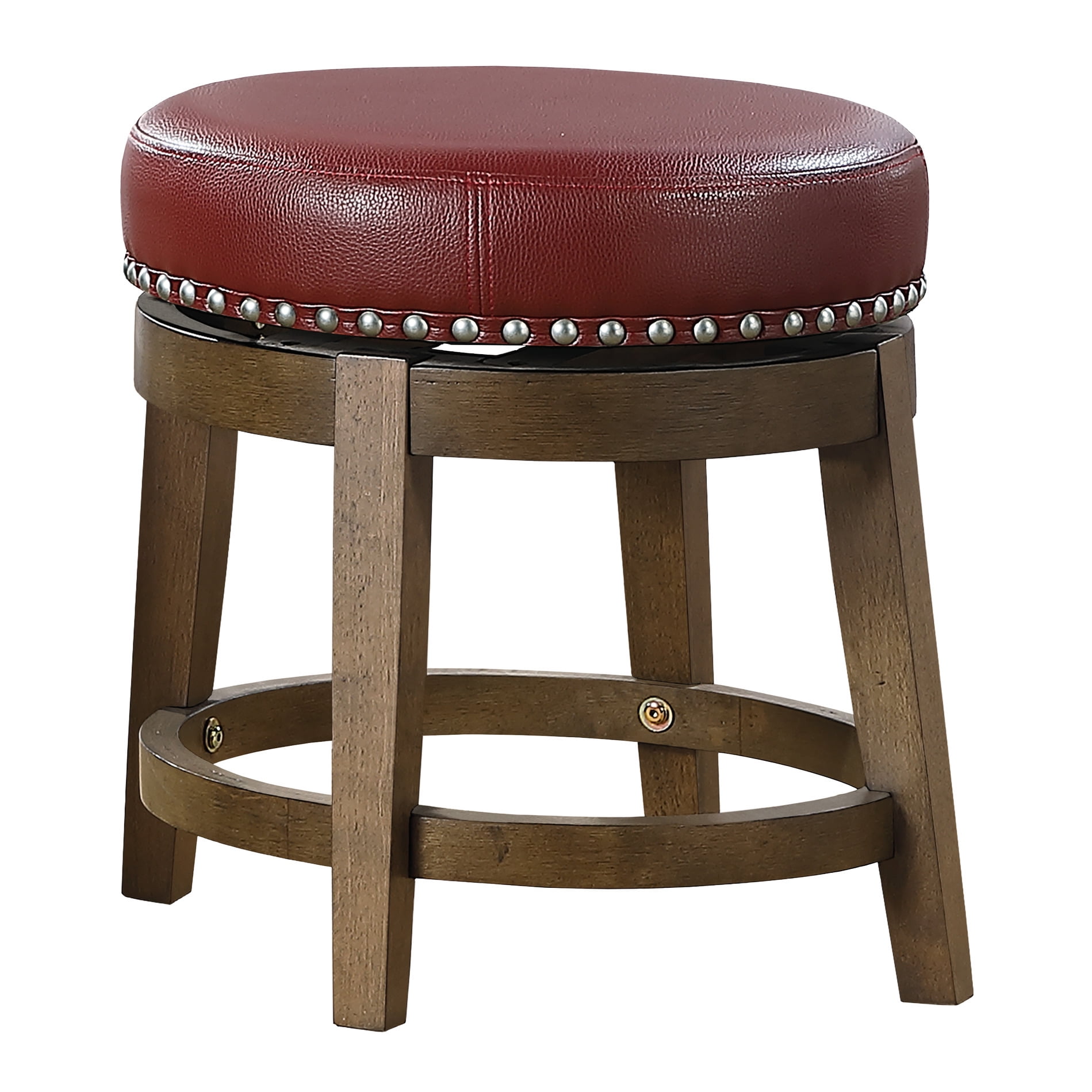 Round Swivel Stools Of 2, Red Faux Leather Upholstery, Solid Wood Frame ...