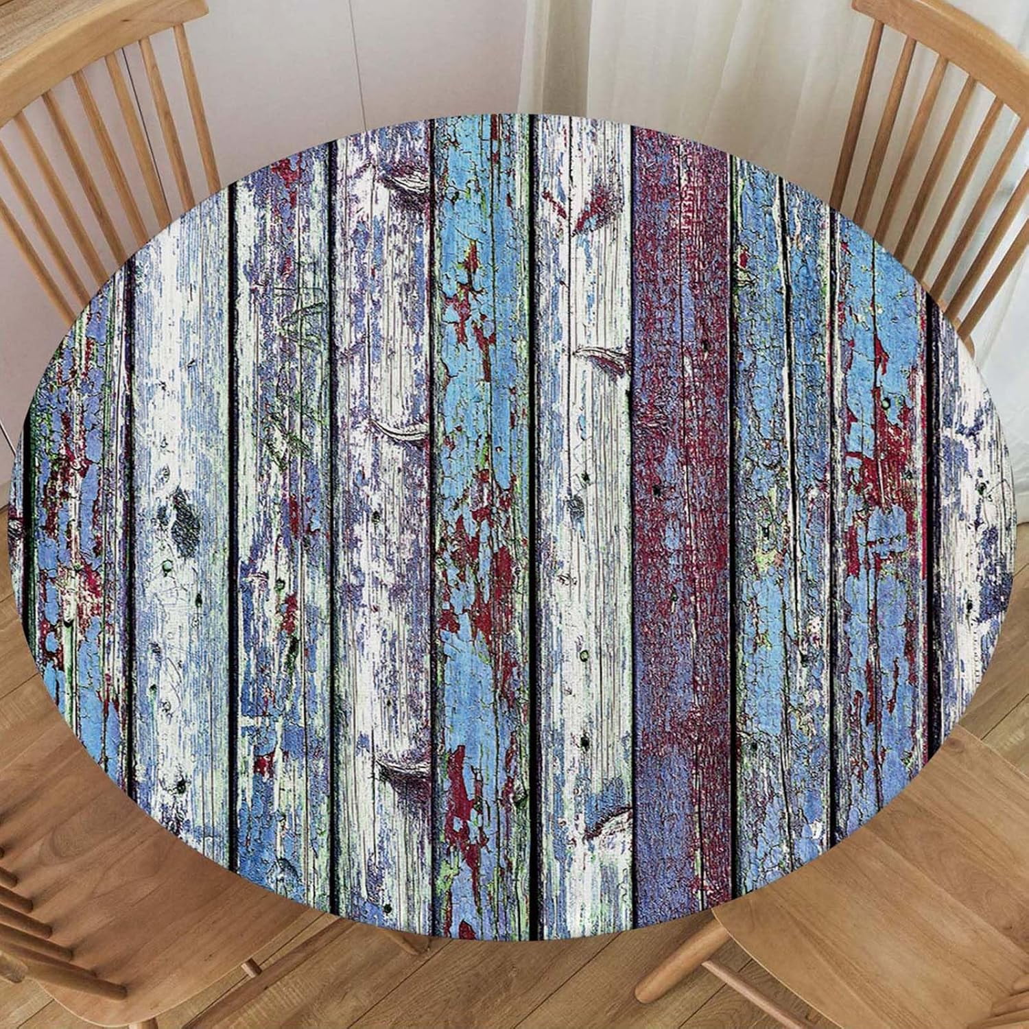 Round Table Cloth Cover Old Blue Wooden Fitted Tablecloth with Elastic ...
