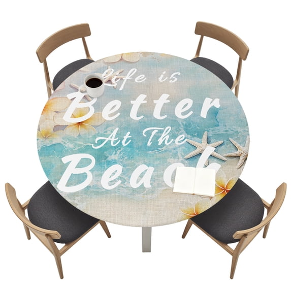 Round Table Cloth with Elastic Fitted Edged, Better Beach Life Floral ...