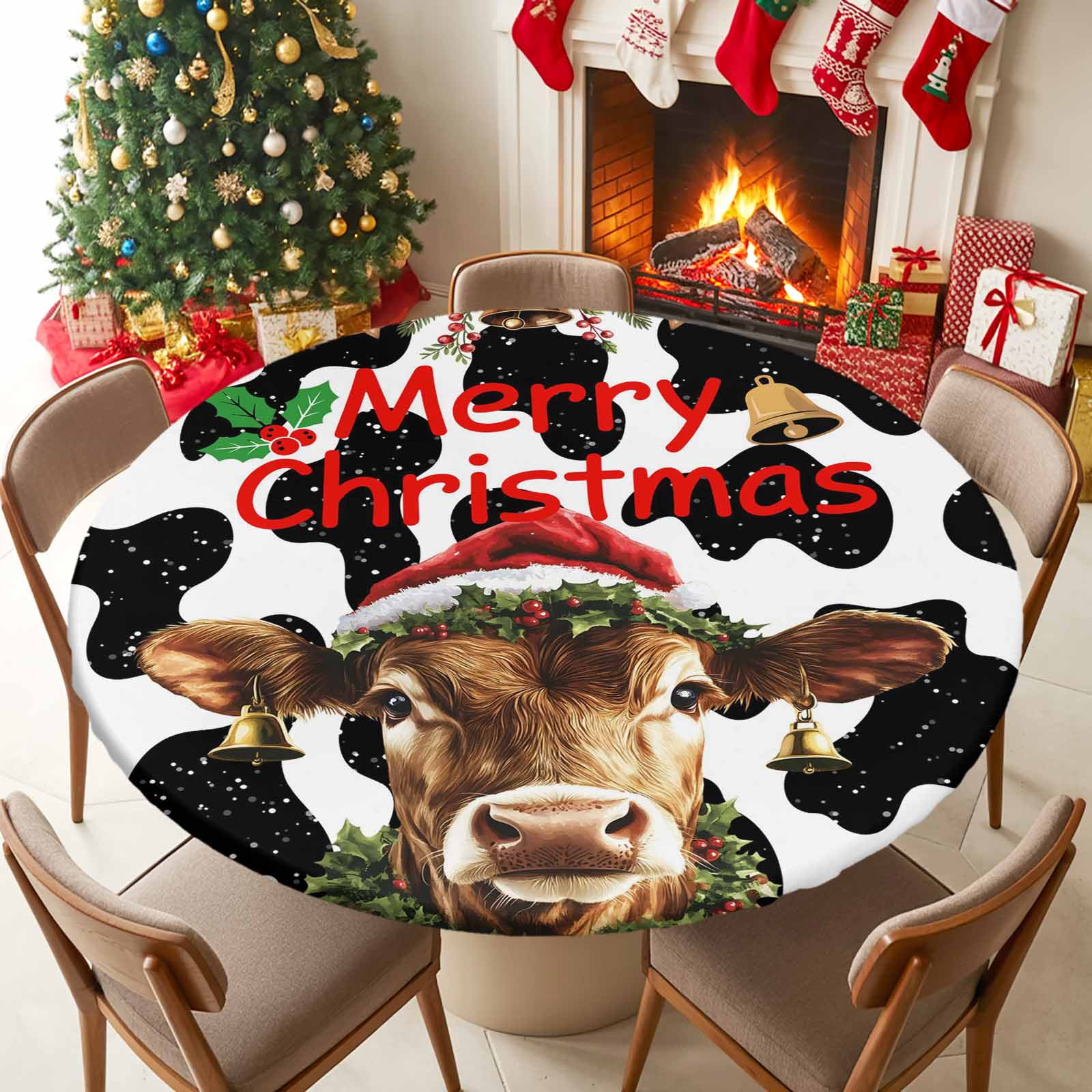 Round Table Cloth with Elastic Fitted Edged, Christmas Cow Pattern ...
