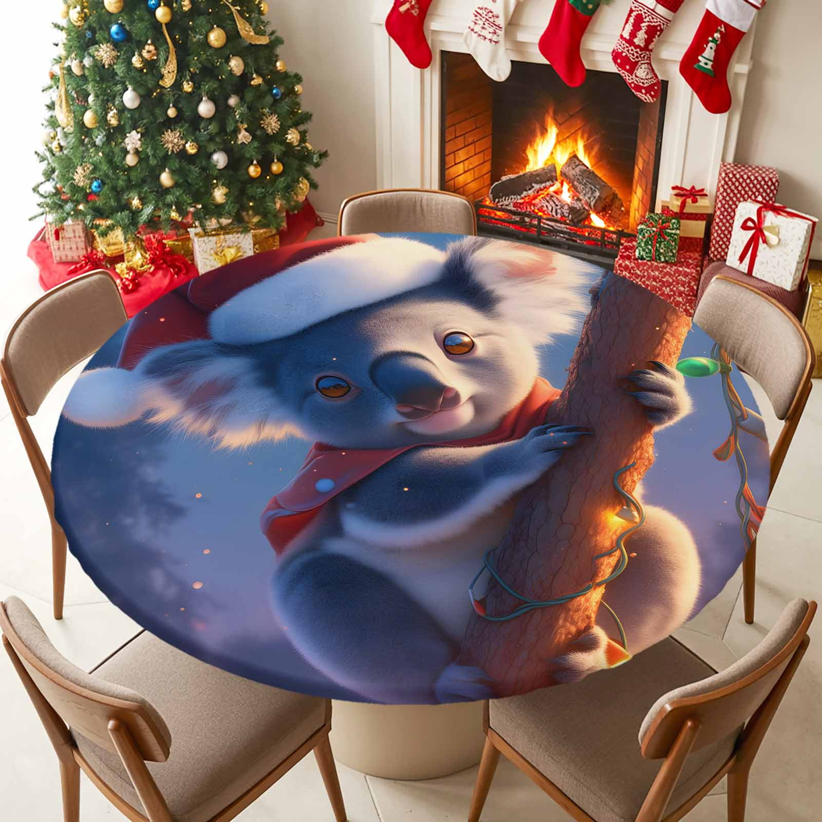 Round Table Cloth with Elastic Fitted Edged, Christmas Koala Red Xmas ...