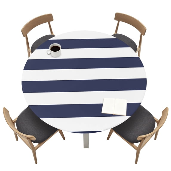Round Table Cloth with Elastic Fitted Edged, Navy Blue and White Stripe ...