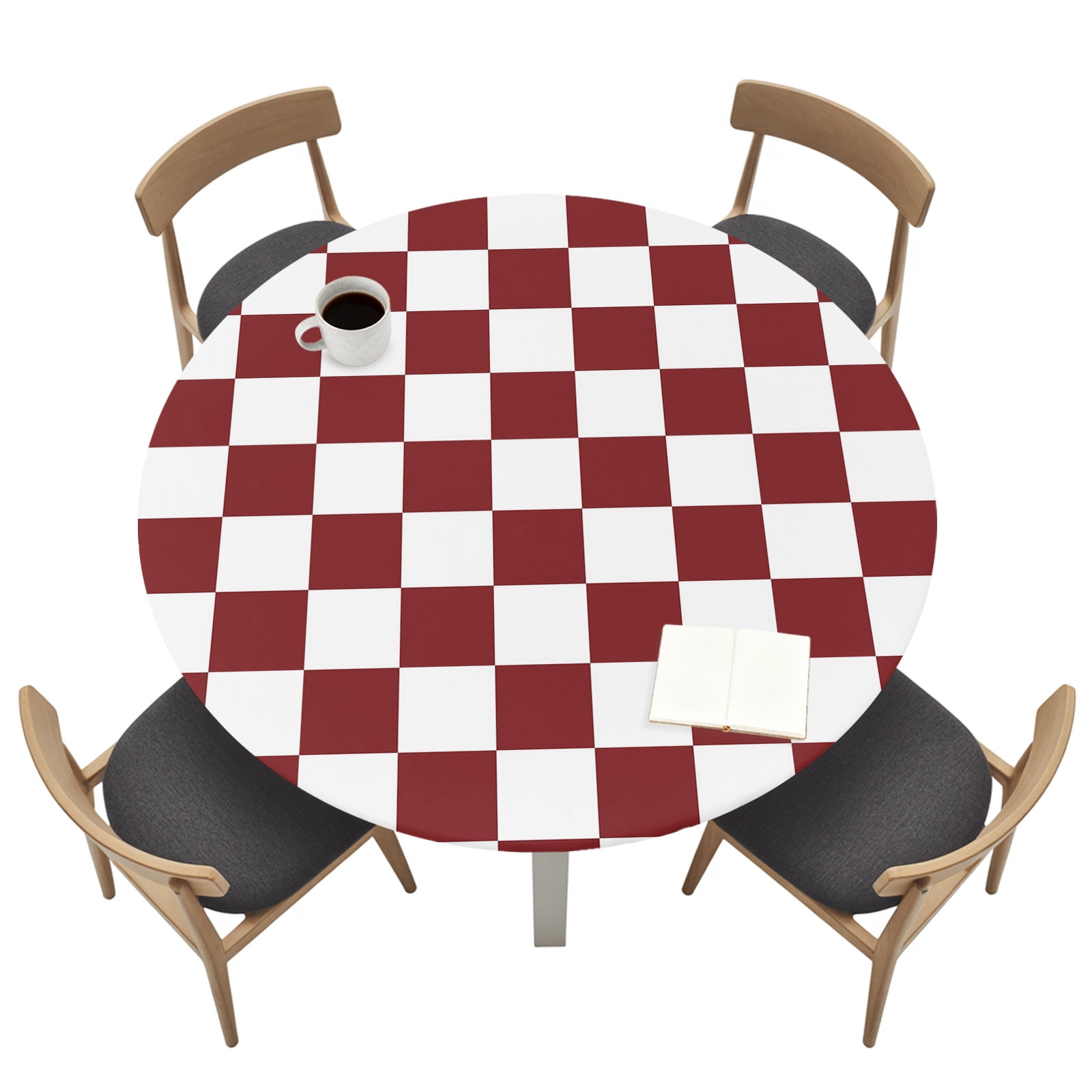 Round Table Cloth with Elastic Fitted Edged, Red White Square Tiles ...