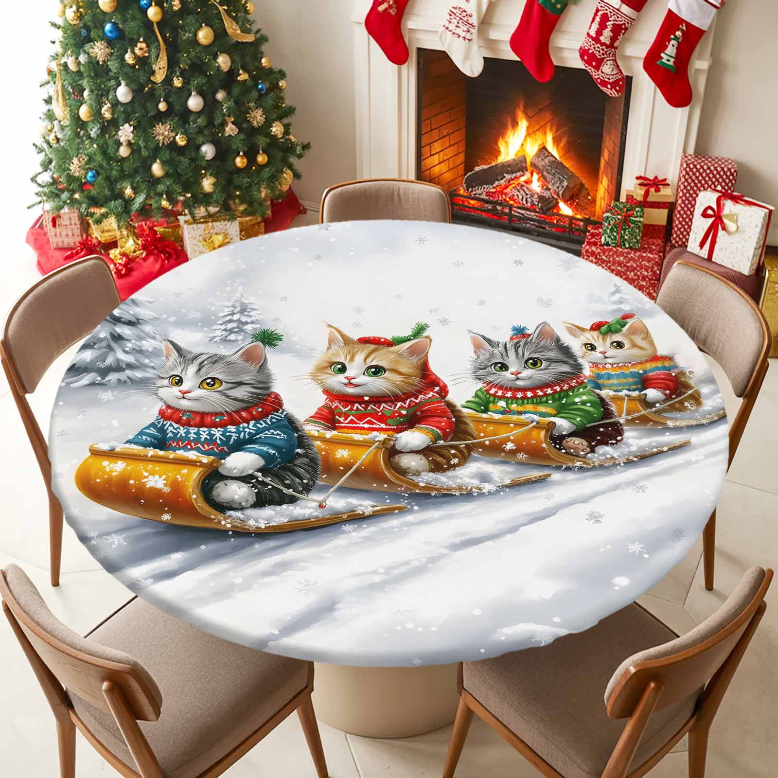 Round Table Cloth with Elastic Fitted Edged, Winter Christmas Cat ...